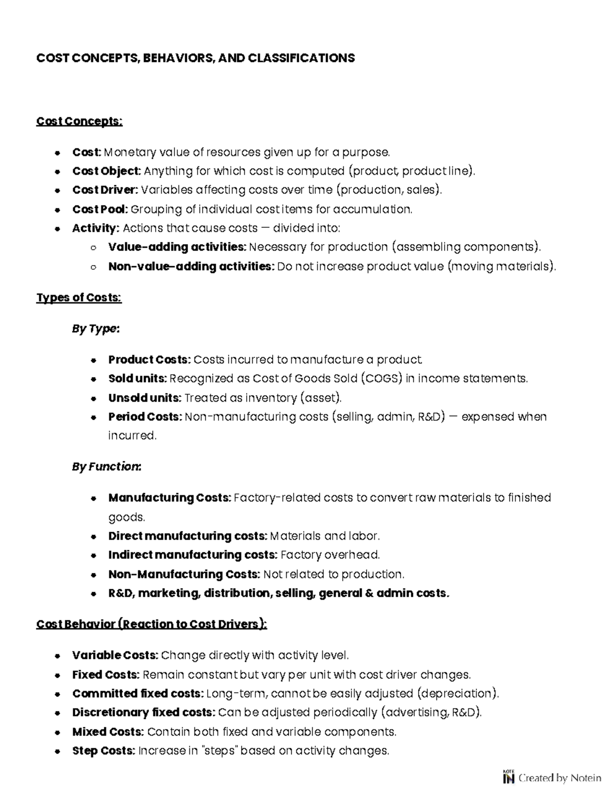 Cost Concepts - MAS - Lecture Notes on Cost Classifications & Behaviors ...