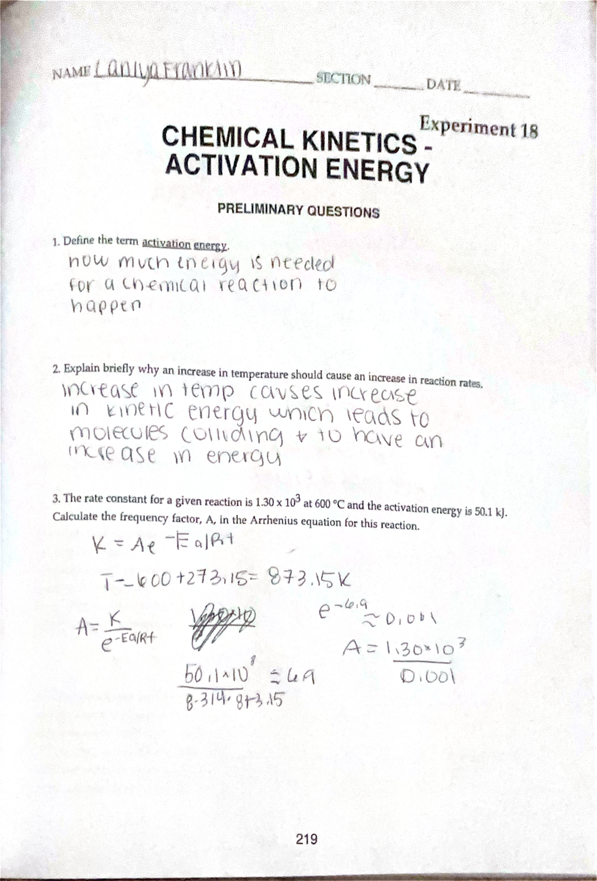 Chemical Kinetics - Lab PQ/report - NAME caniyaFranklin SECTION DATE ...
