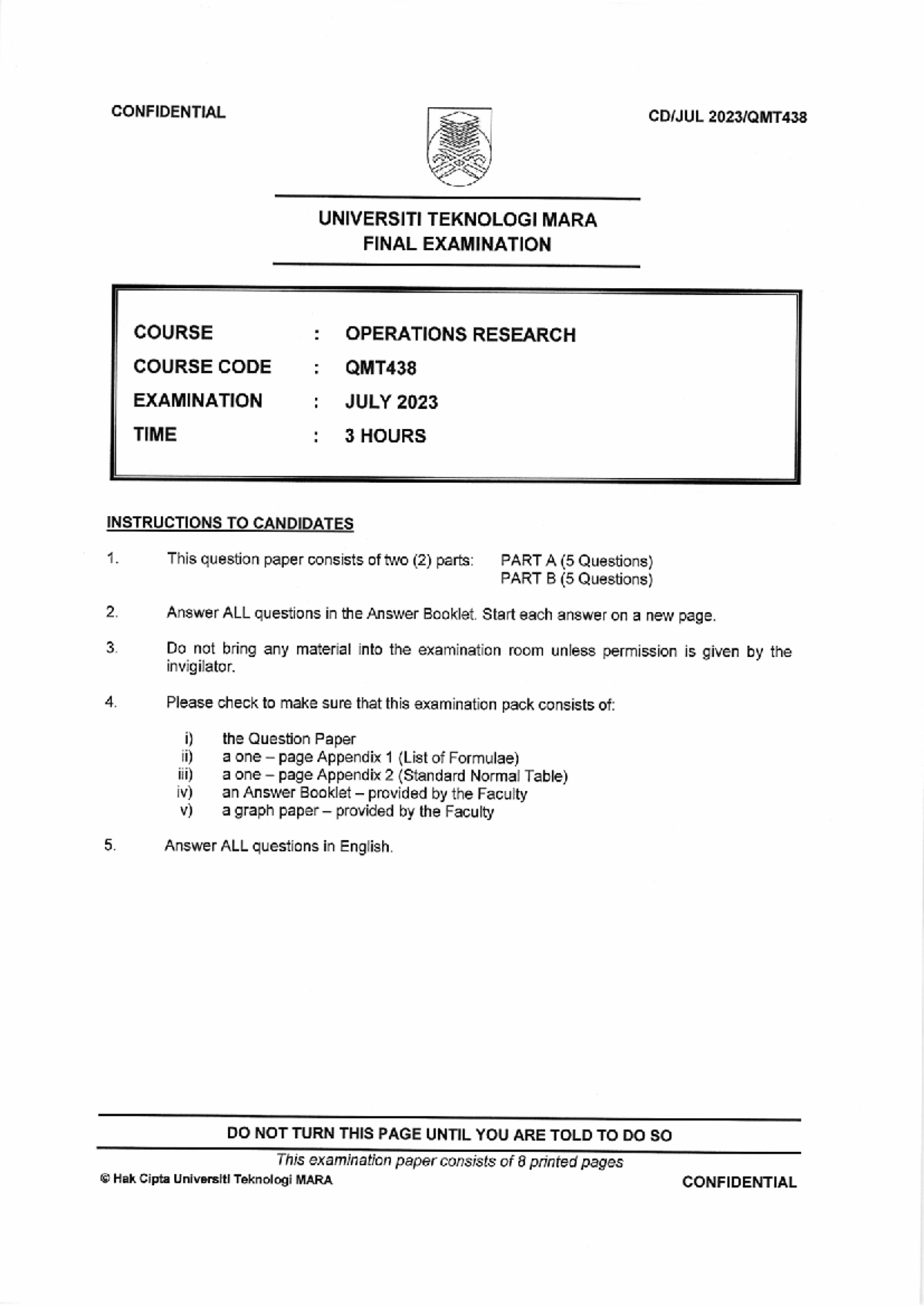 QMT438 Final Exam Paper: Operations Research - July 2023 - Studocu