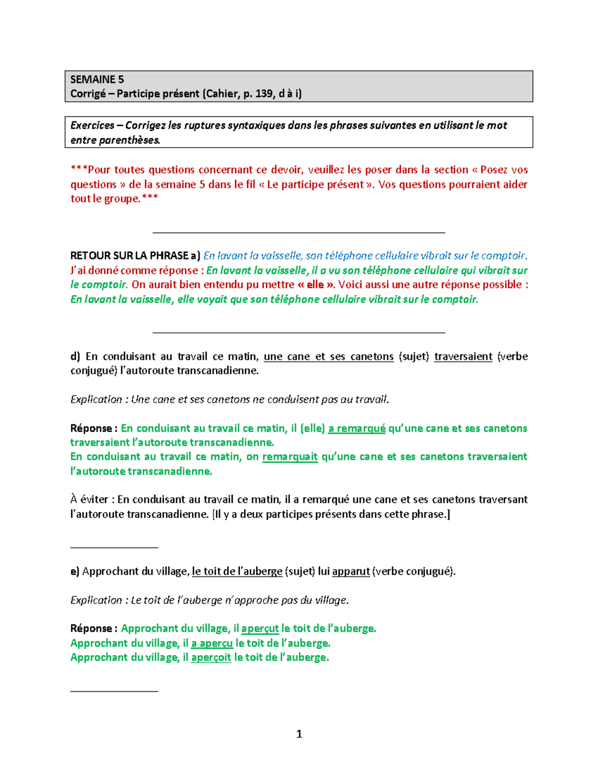 Corrigé du Participe Présent - Semaine 5 d'exercices (Français 101 ...