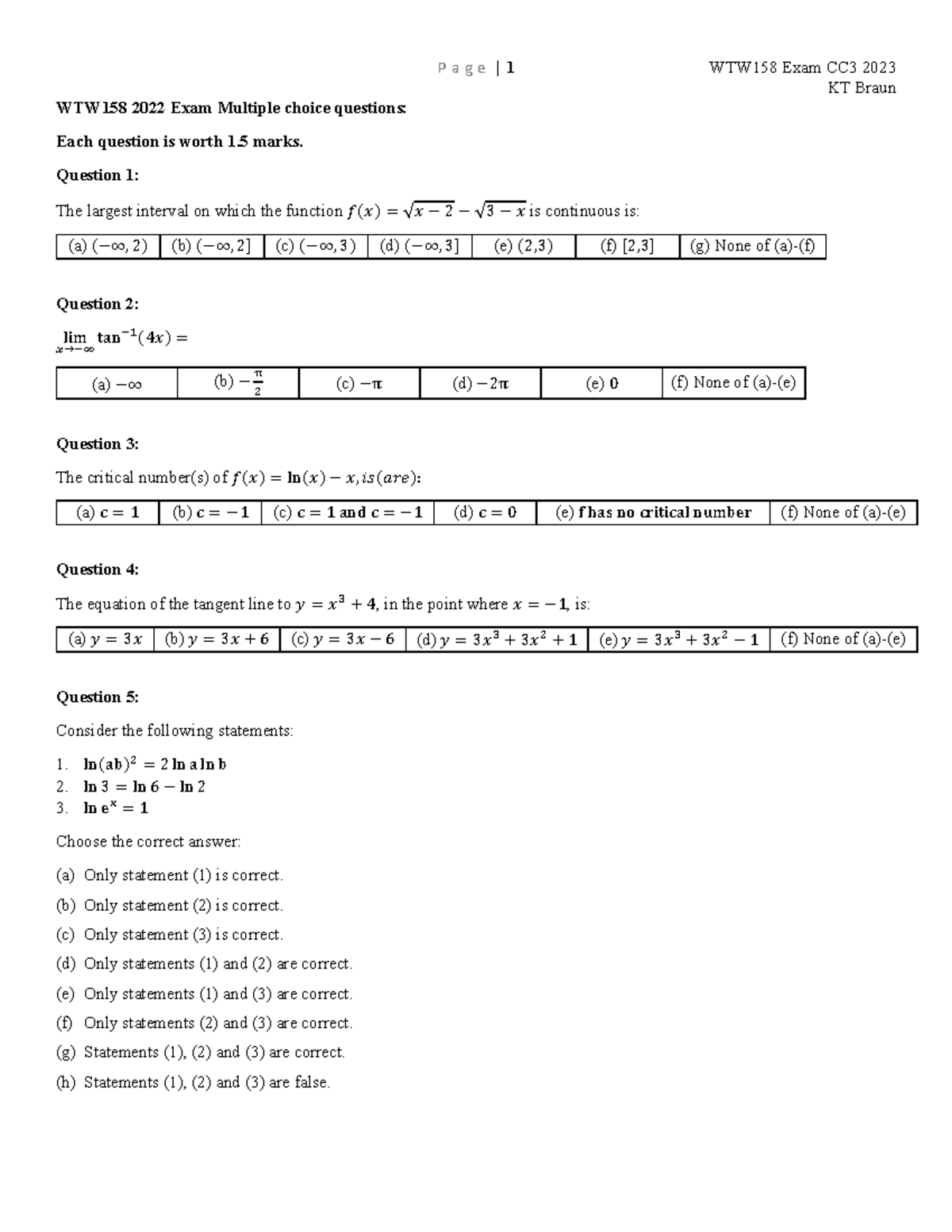 WTW158 Exam CC3 2023 - Multiple Choice Questions Review - Studocu