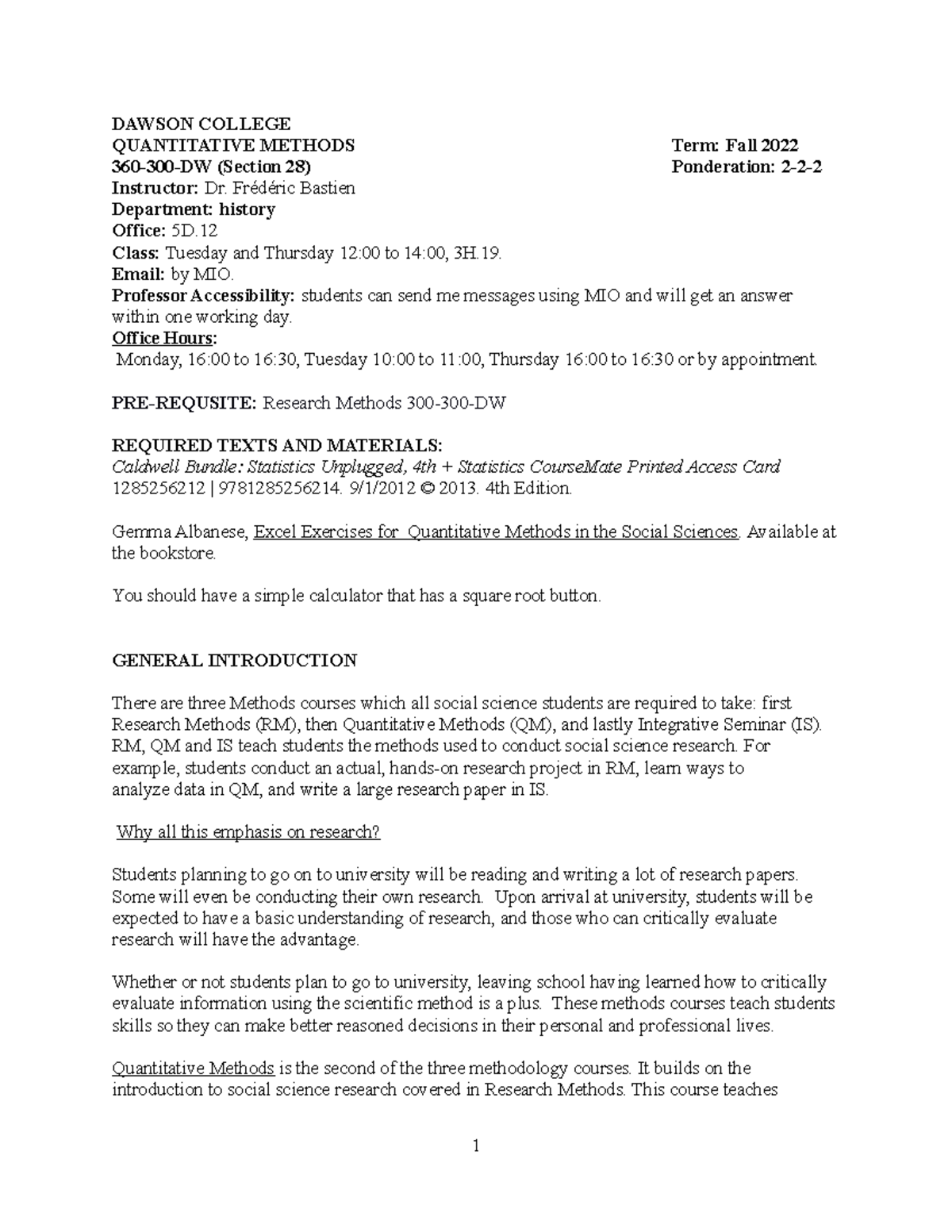 Quantitative Methods Course Outline Dawson College Quantitative 0029
