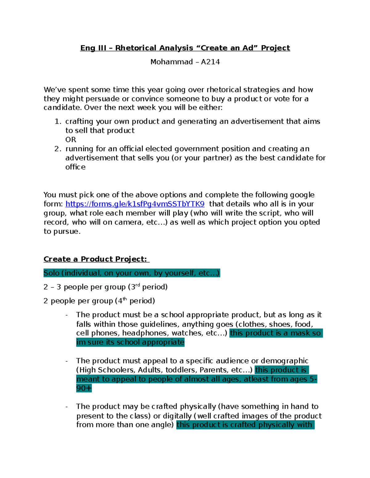 Eng III - Rhetorical Analysis: Create an Ad Project Guidelines [3332 ...
