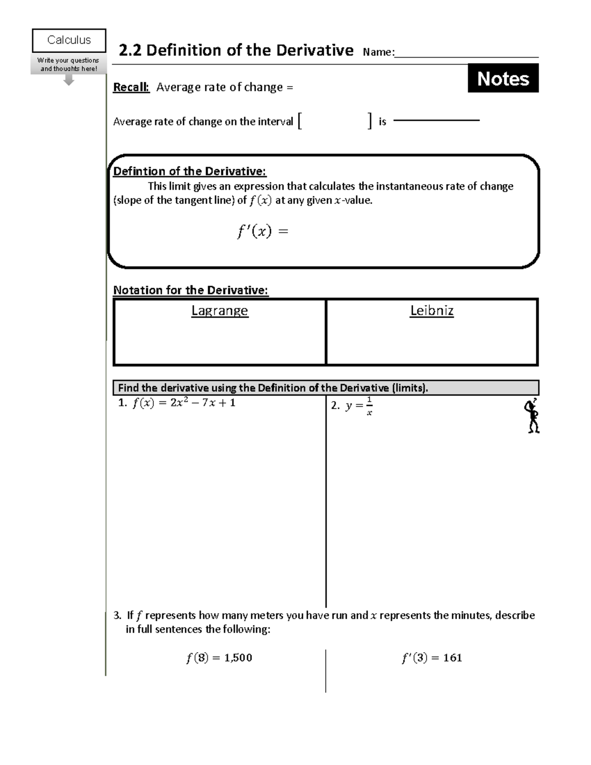C 2 - Calculus 1 Practice: Definition of the Derivative Notes - Studocu