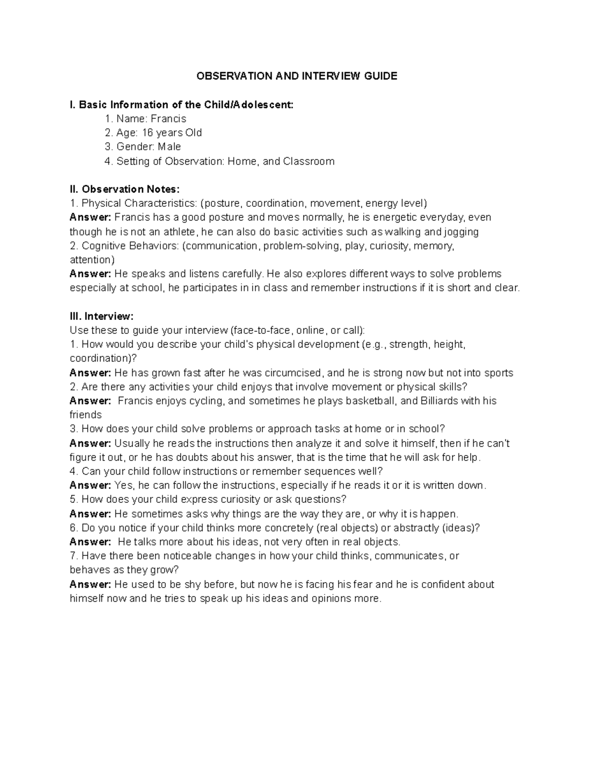 Observation & Interview Guide: Francis (Age 16) Insights - Studocu