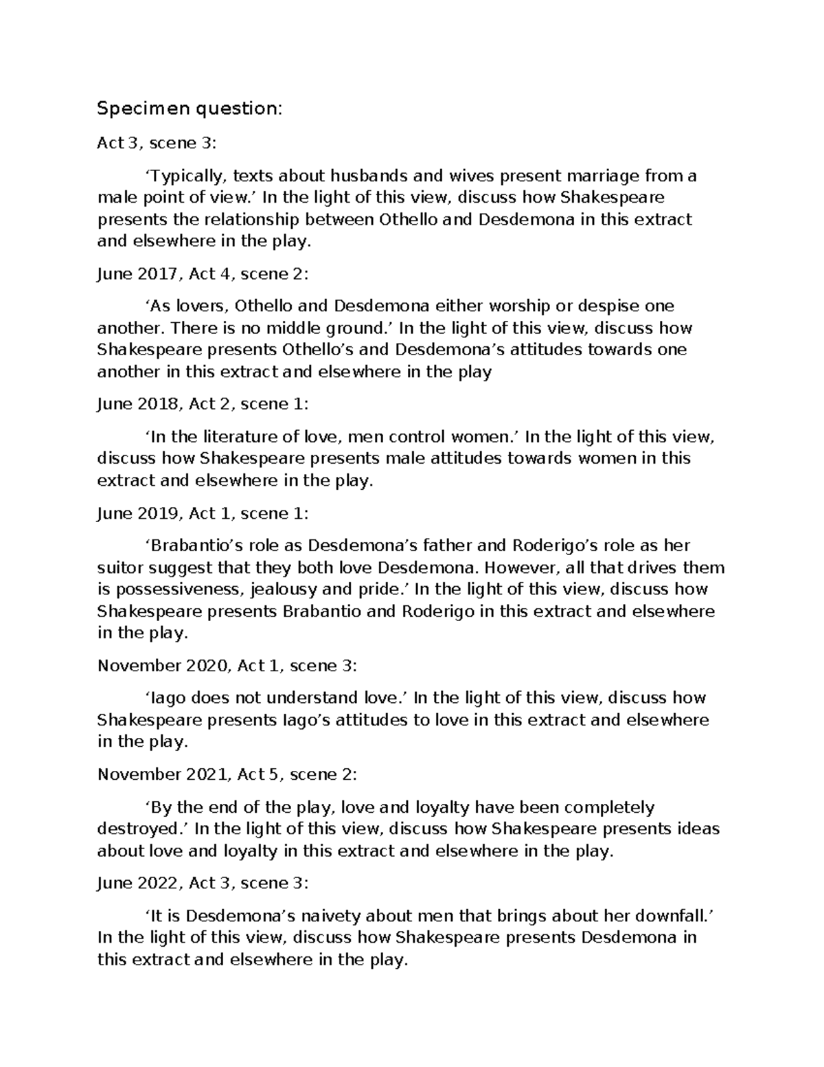 Othello - Potential Exam Questions (ENG 101) on Marriage & Love Themes ...
