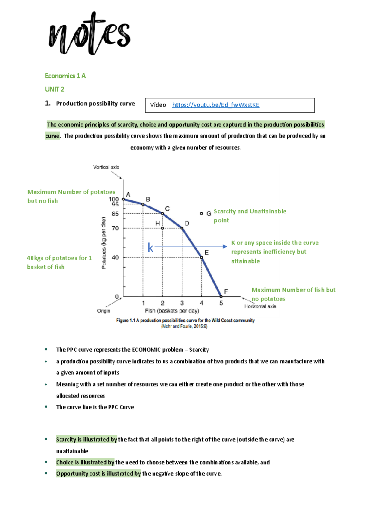Unit 2 Notes - Economics 1 A UNIT 2 1. Production possibility curve The ...