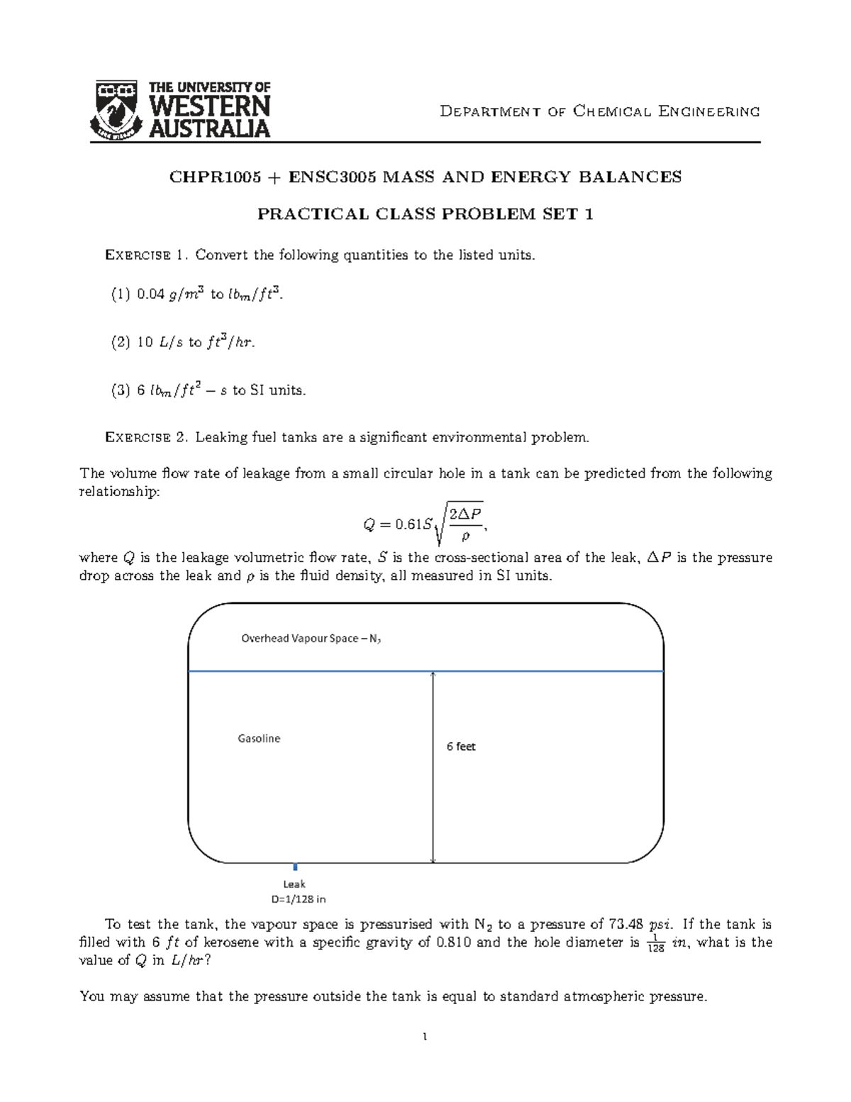 CHPR1005 & ENSC3005 Practical Class Problem Set 1: Unit Conversions - Studocu