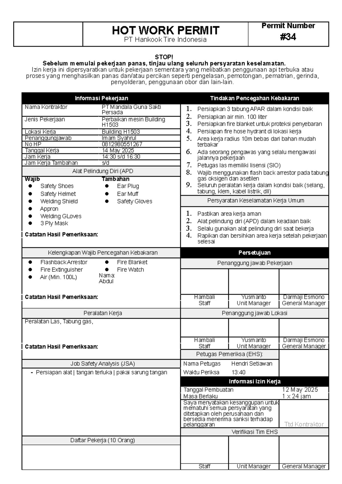 Izin Kerja Panas (Hot Work Permit) PT Hankook Tire Indonesia - Studocu