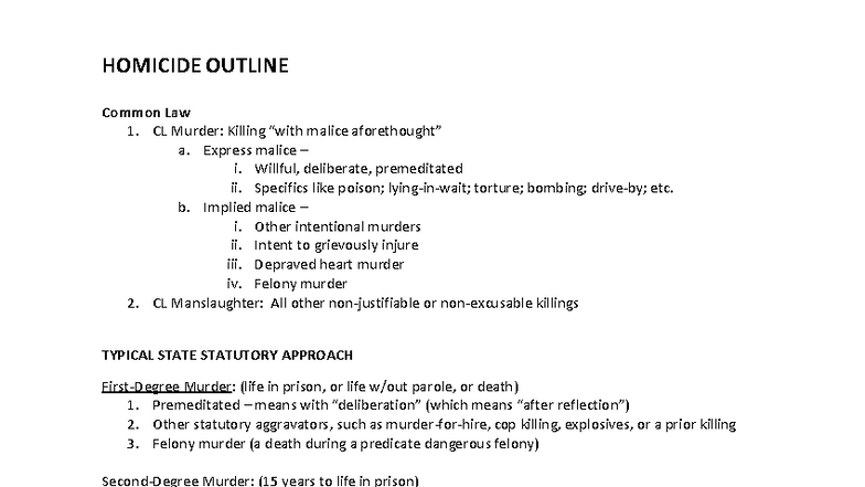 HOMICIDE OUTLINE: Common Law & MPC Overview for Law 101 - Studocu
