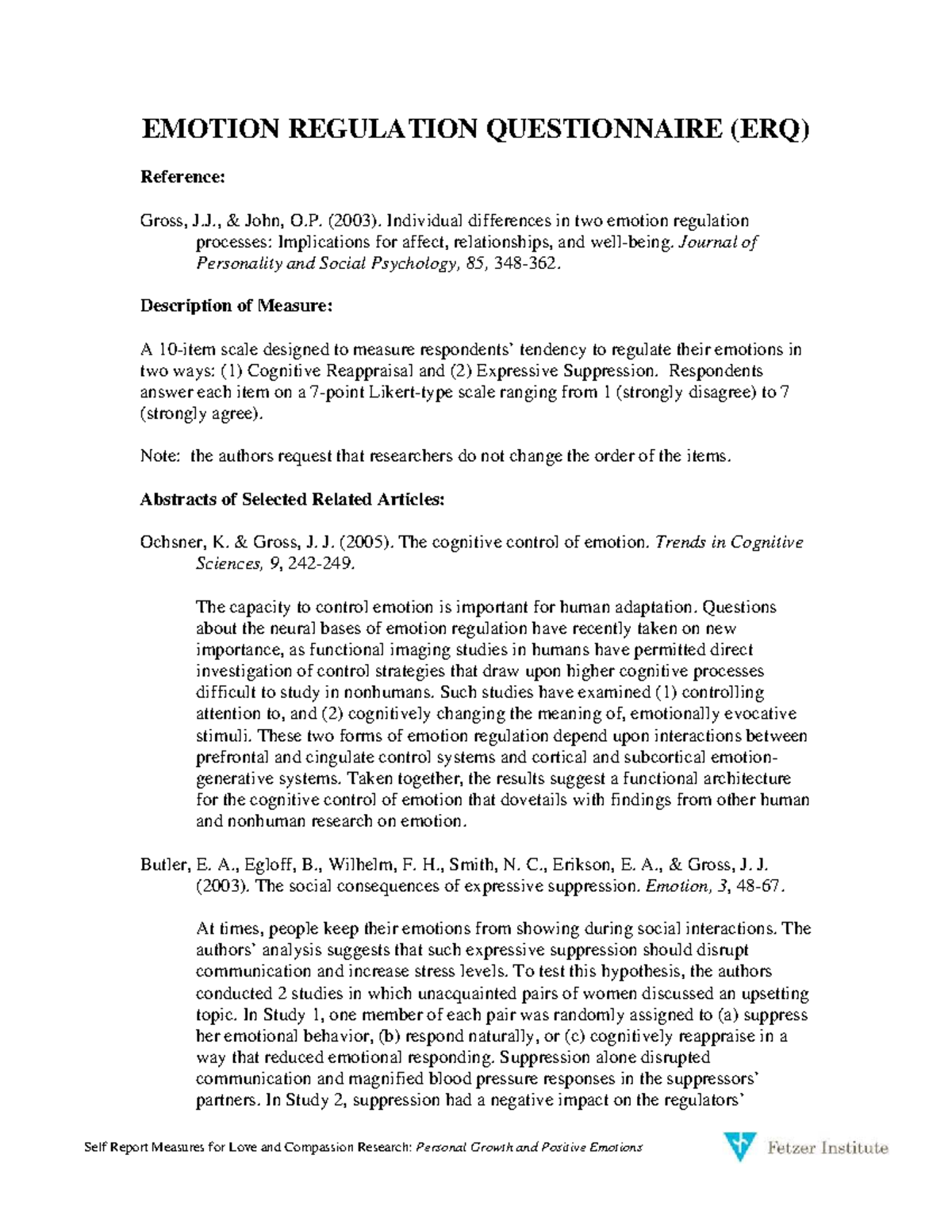 Emotion Regulation Questionnaire (ERQ) for Personal Growth and Emotions ...