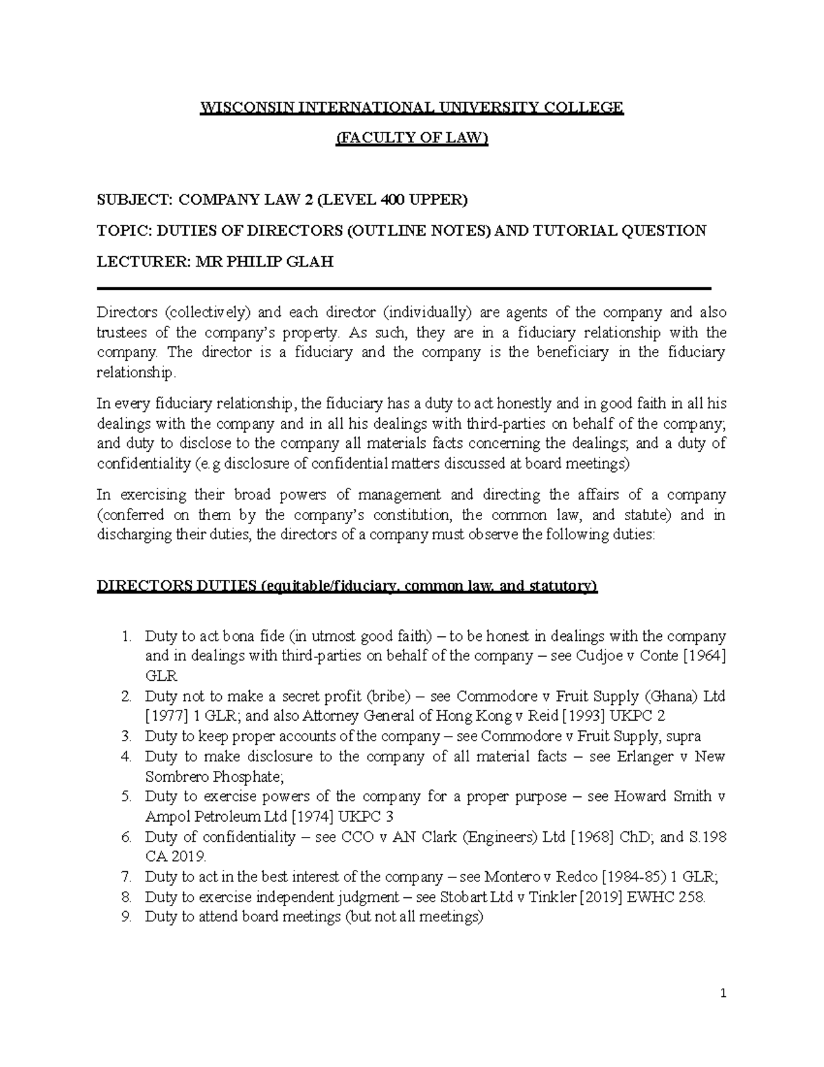 Directors' Duties ( Outline Notes, FEB 2022) - WISCONSIN INTERNATIONAL ...
