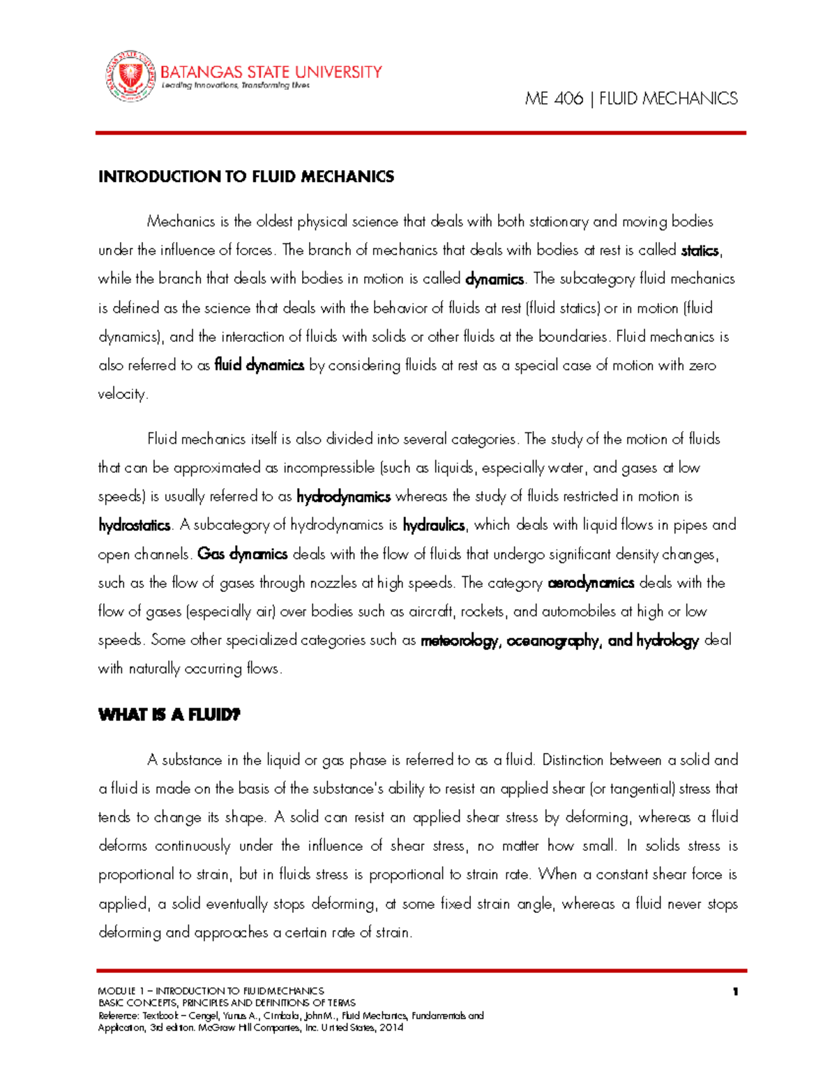 Module 1: Intro to Fluid Mechanics - Basic Concepts Overview - Studocu