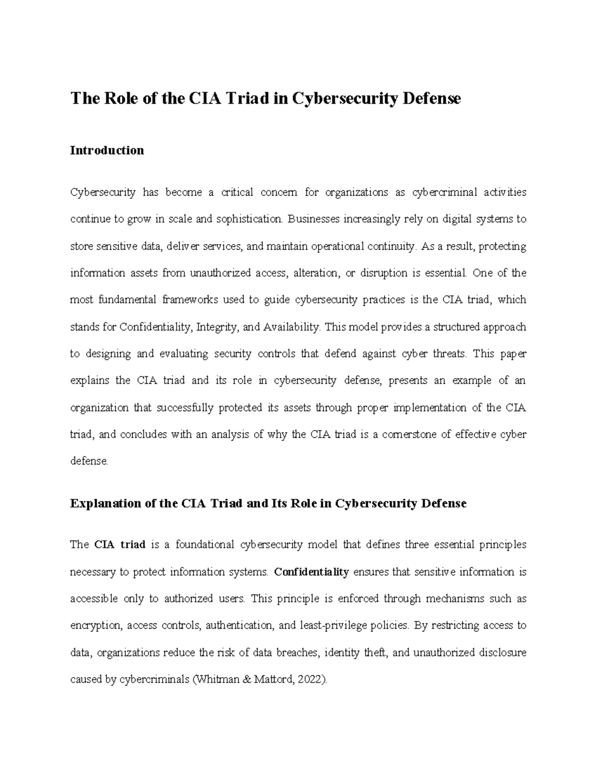 The CIA Triad in Cybersecurity Defense: A Comprehensive Analysis - Studocu
