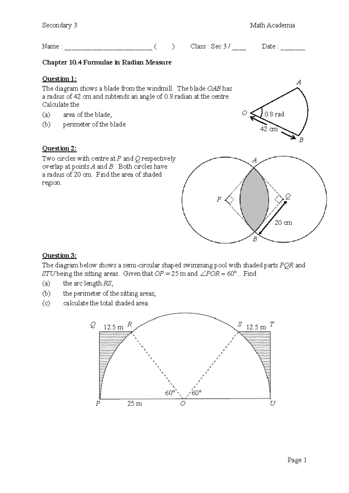 S3 Math Final Exam: Arc Length & Area of Sector (Radian Formula) - Studocu