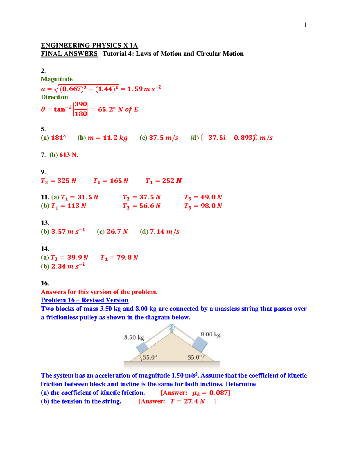 ENG PHYS X 1A FINAL ANSWERS: Tutorial 4 - Laws of Motion & Circular ...