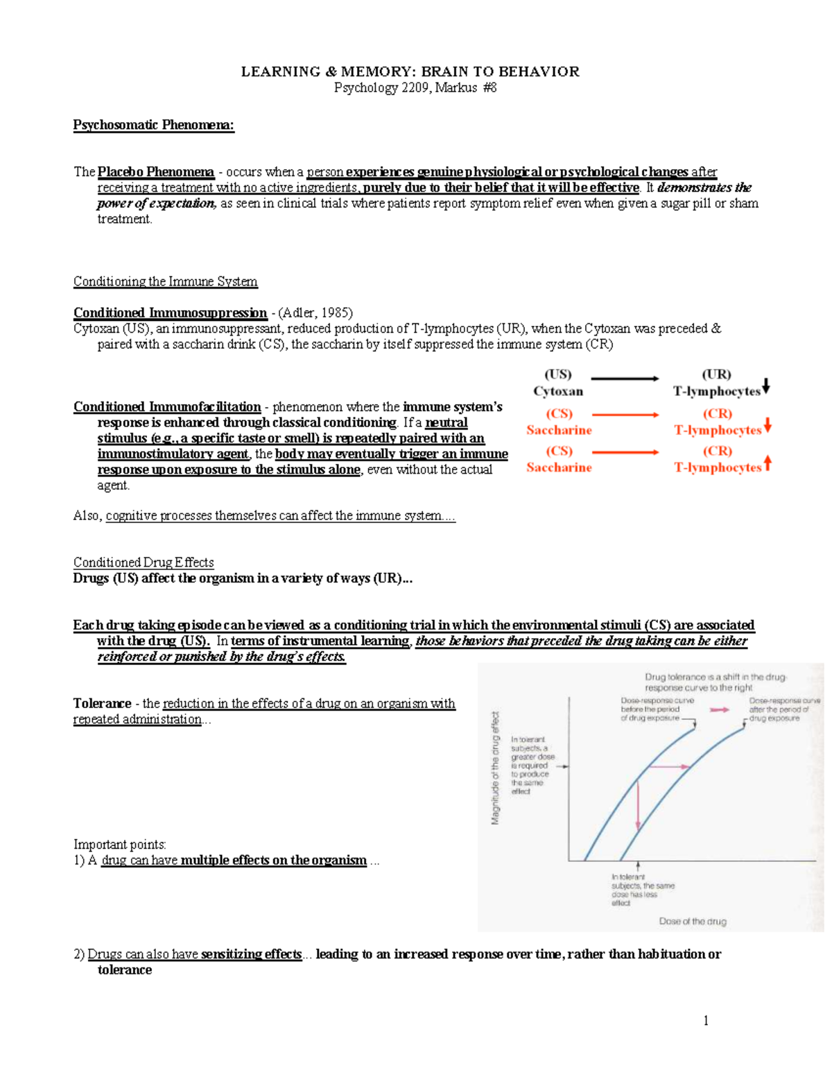 Psychology 2209: Learning & Memory - Drug Effects & Tolerance Notes ...