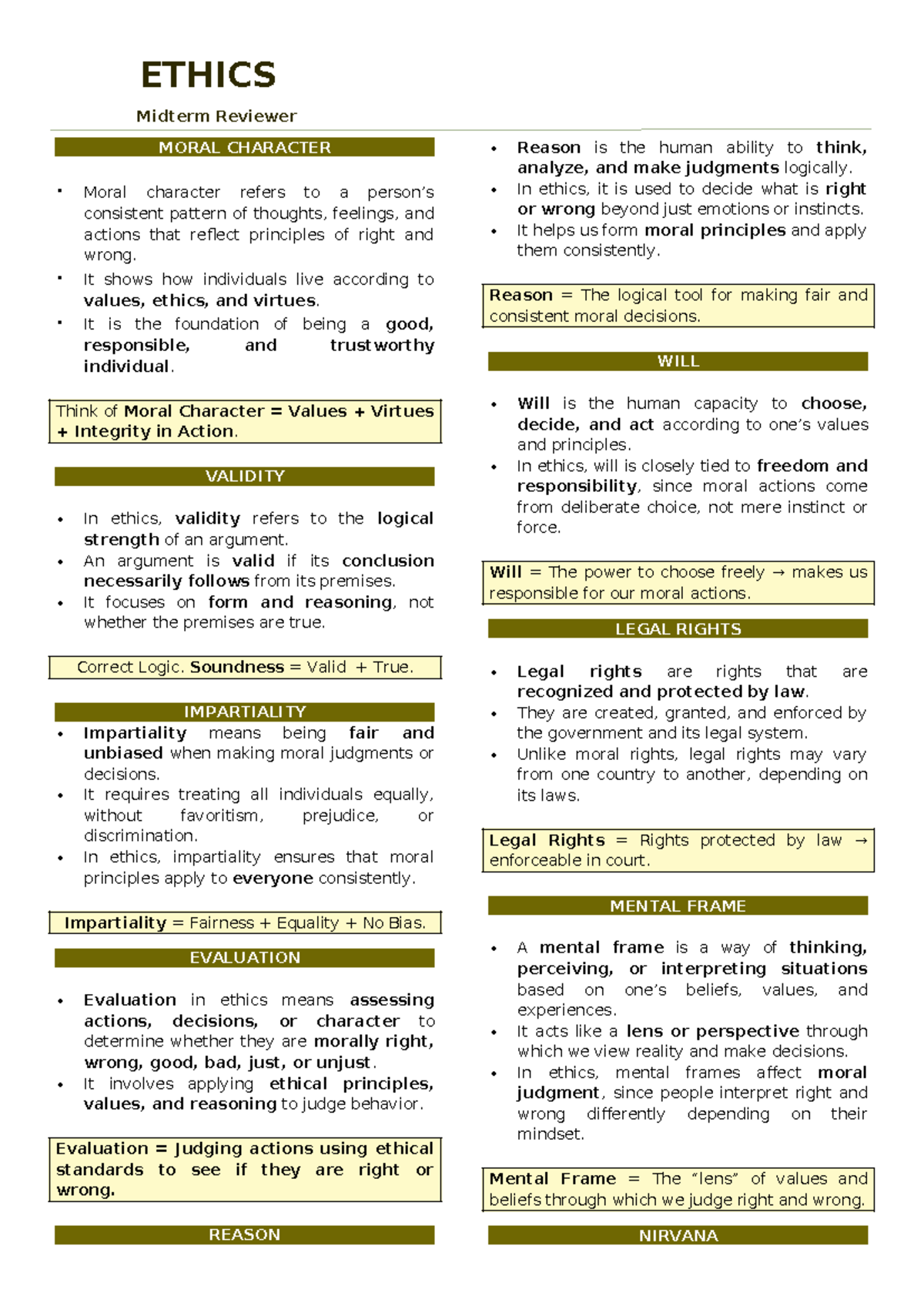ETHICS 101 Midterm Reviewer: Understanding Moral Character and Principles - Studocu