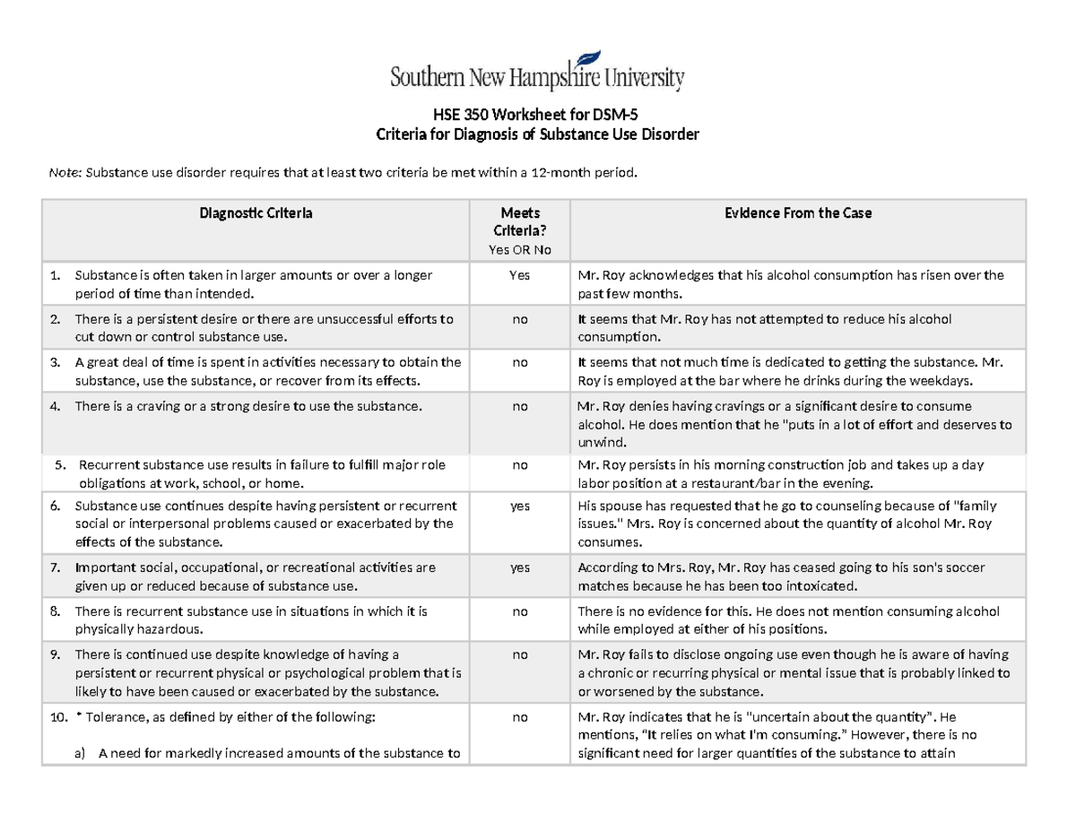 HSE 350 Worksheet: Criteria for Diagnosing Substance Use Disorder - Studocu