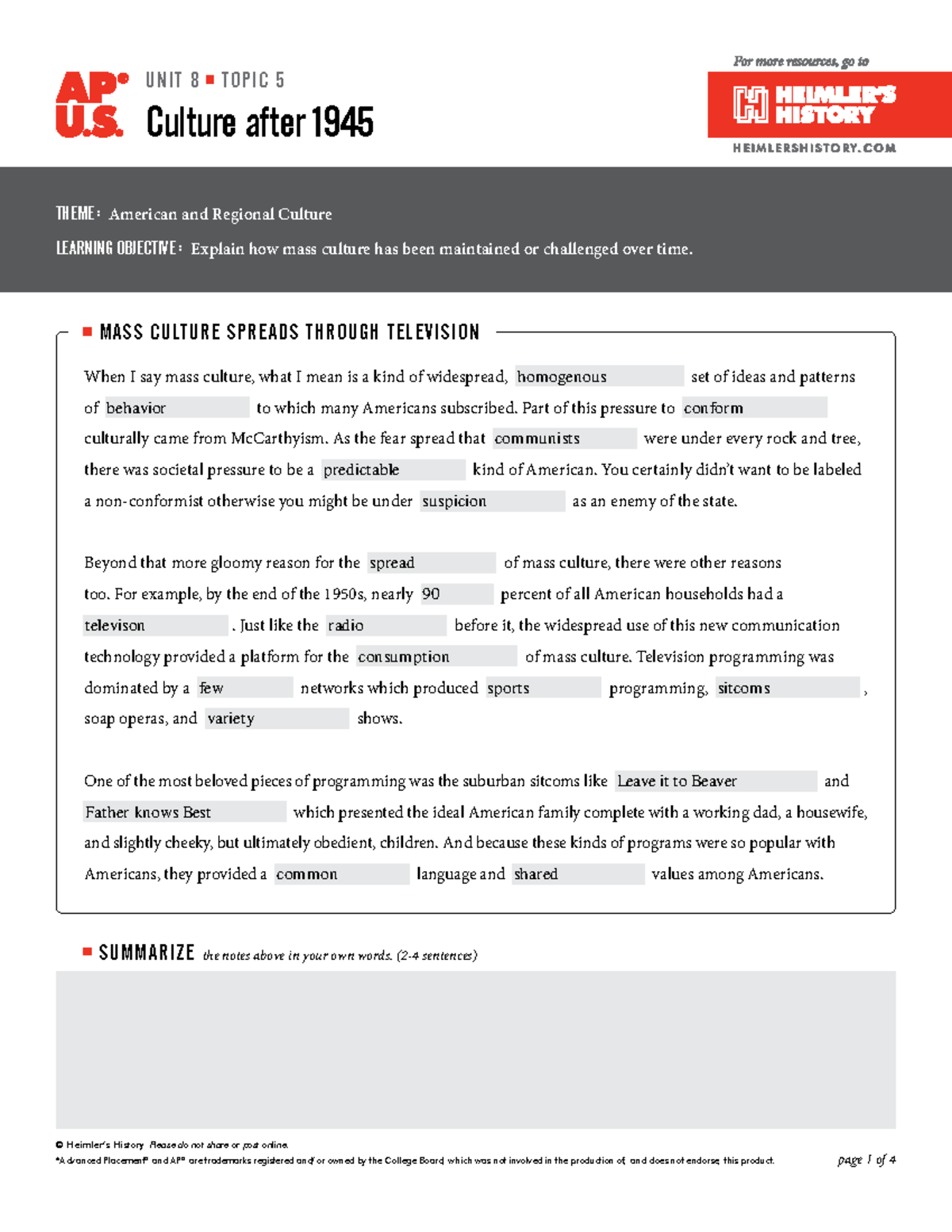AP US History Unit 8 Topic 5 Noteguides on Mass Culture Post-1945 - Studocu