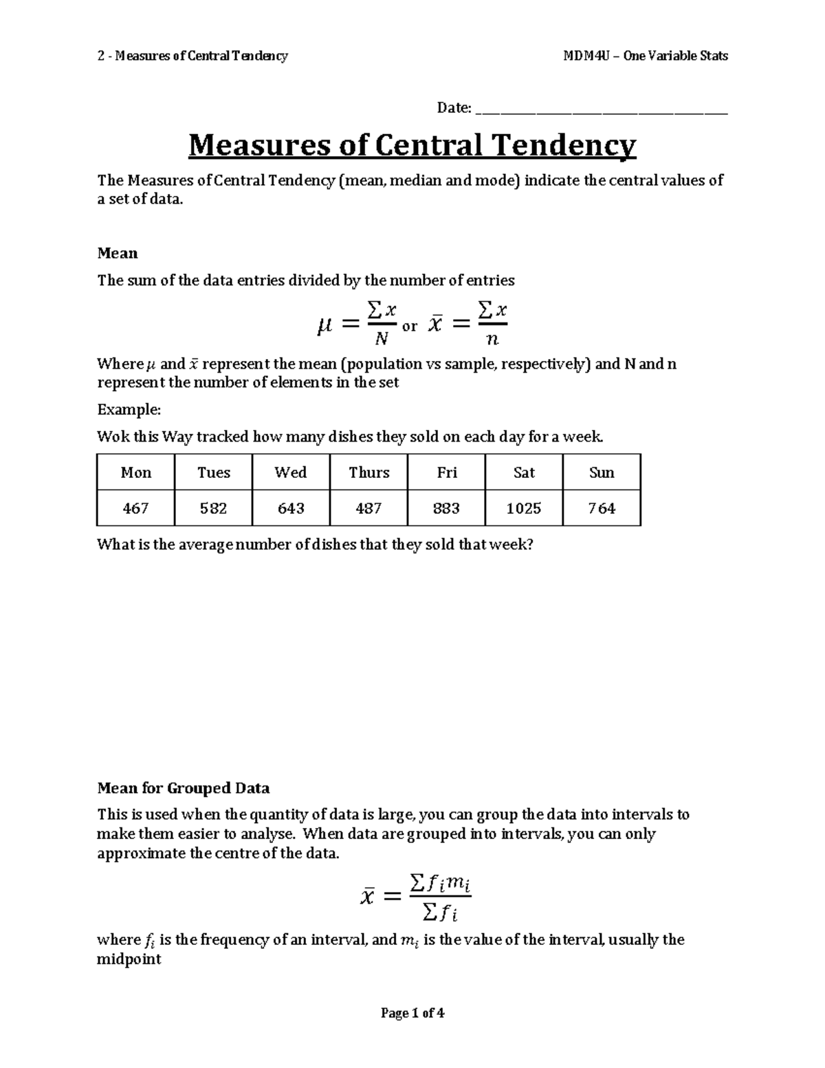 MDM4U Final Exam Notes: Measures of Central Tendency - Studocu