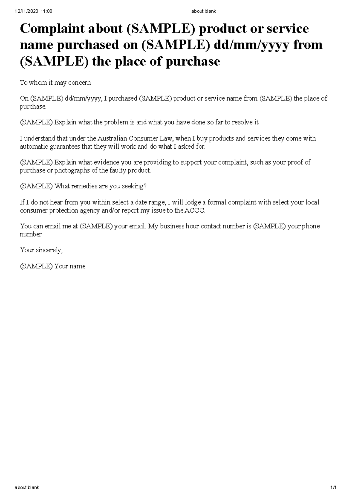 ACCC Consumer Law Complaint Letter Template for Product Issues - Studocu