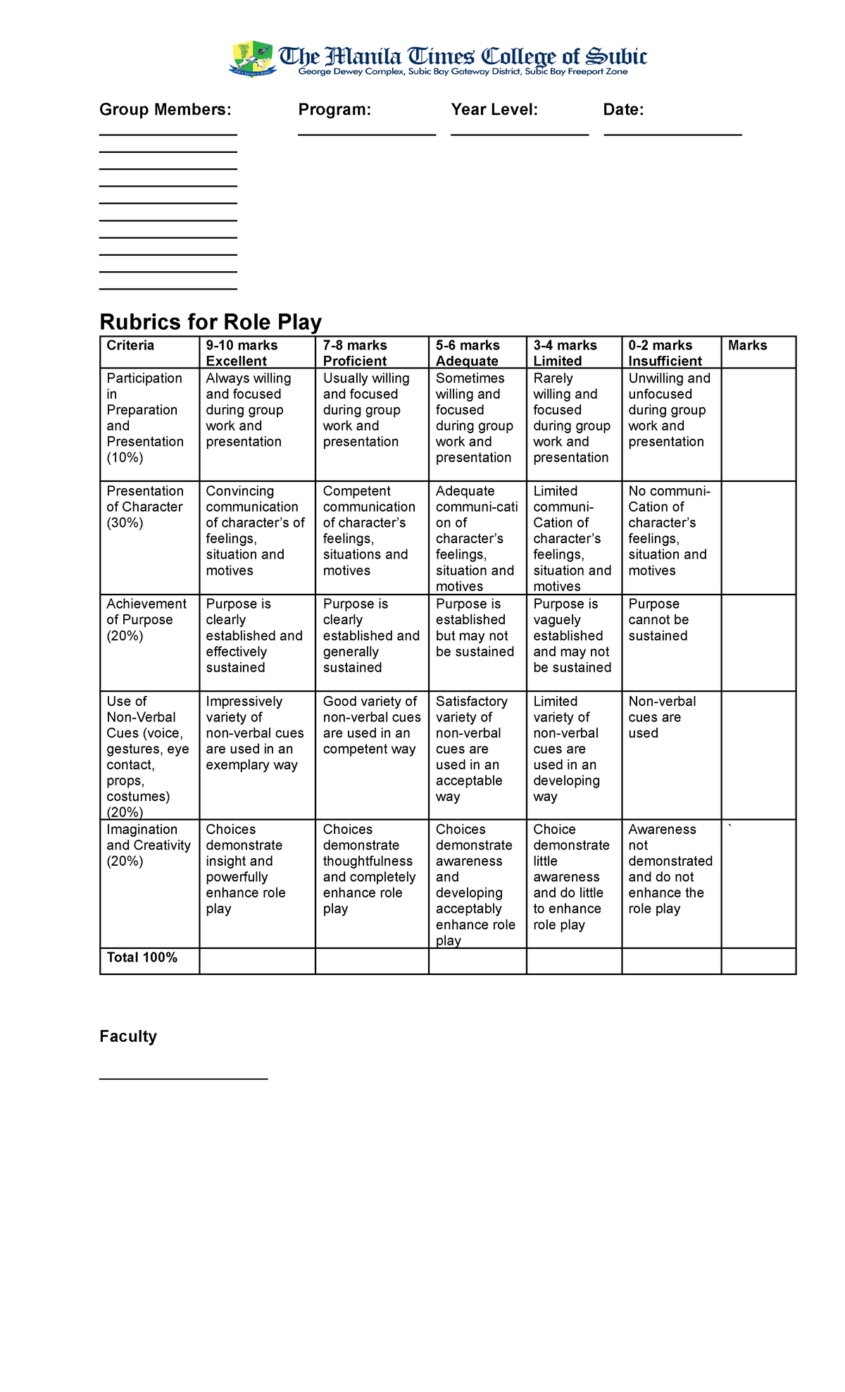 Rubrics for Role Play - Group Members: Program: Year Level: Date ...