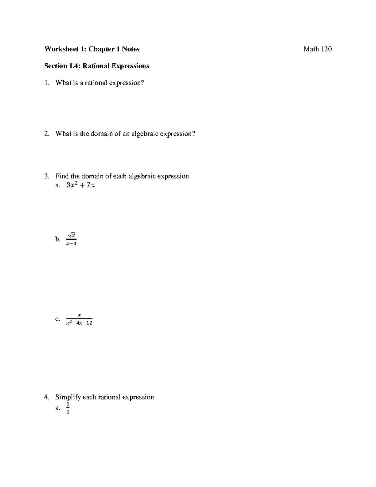 Math 120: Chapter 1 Notes on Rational Expressions & Equations - Studocu