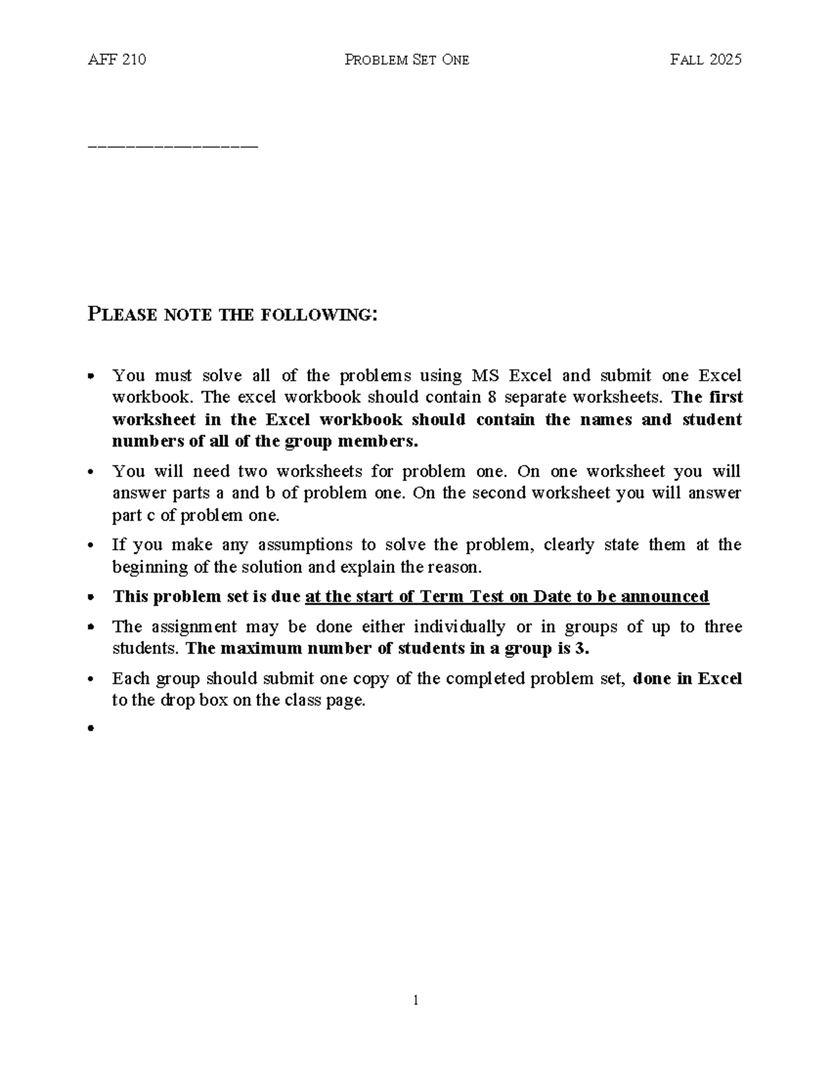 AFF 210 PROBLEM SET ONE - FALL 2025 GUIDELINES & SOLUTIONS - Studocu