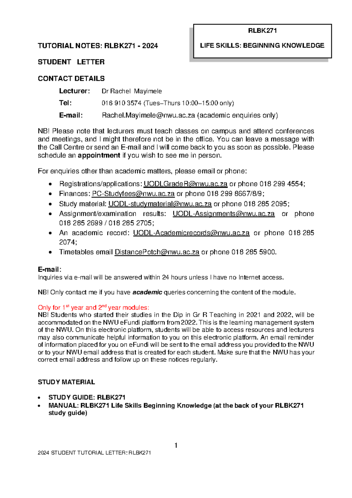 RLBK271 Tutorial Notes for 2024: Beginning Knowledge in Life Skills ...