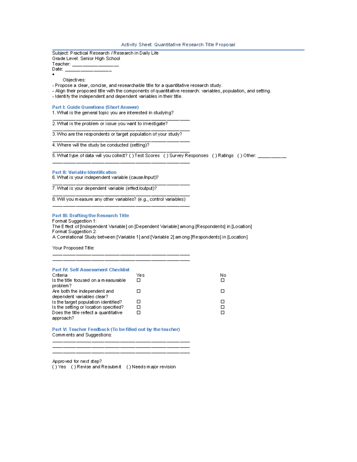 Quantitative Research Title Proposal Activity Sheet for Practical ...