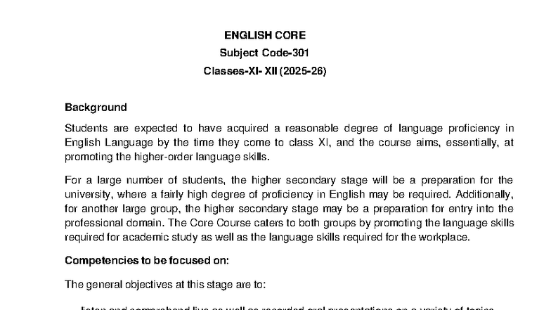 ENGLISH CORE CLASS XII: Language Proficiency and Skills Development ...