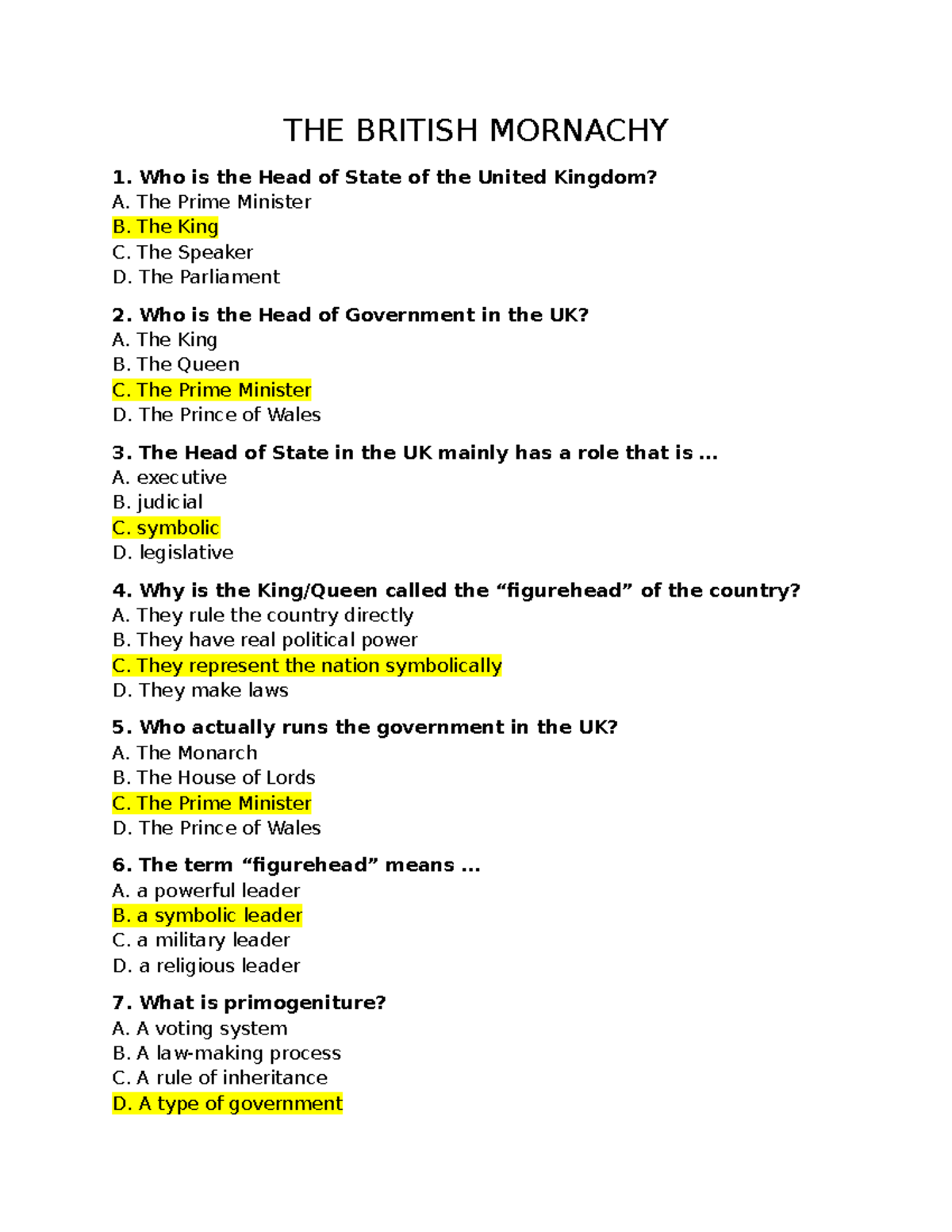 UK Monarchy Quiz: Understanding the Head of State and Government - Studocu