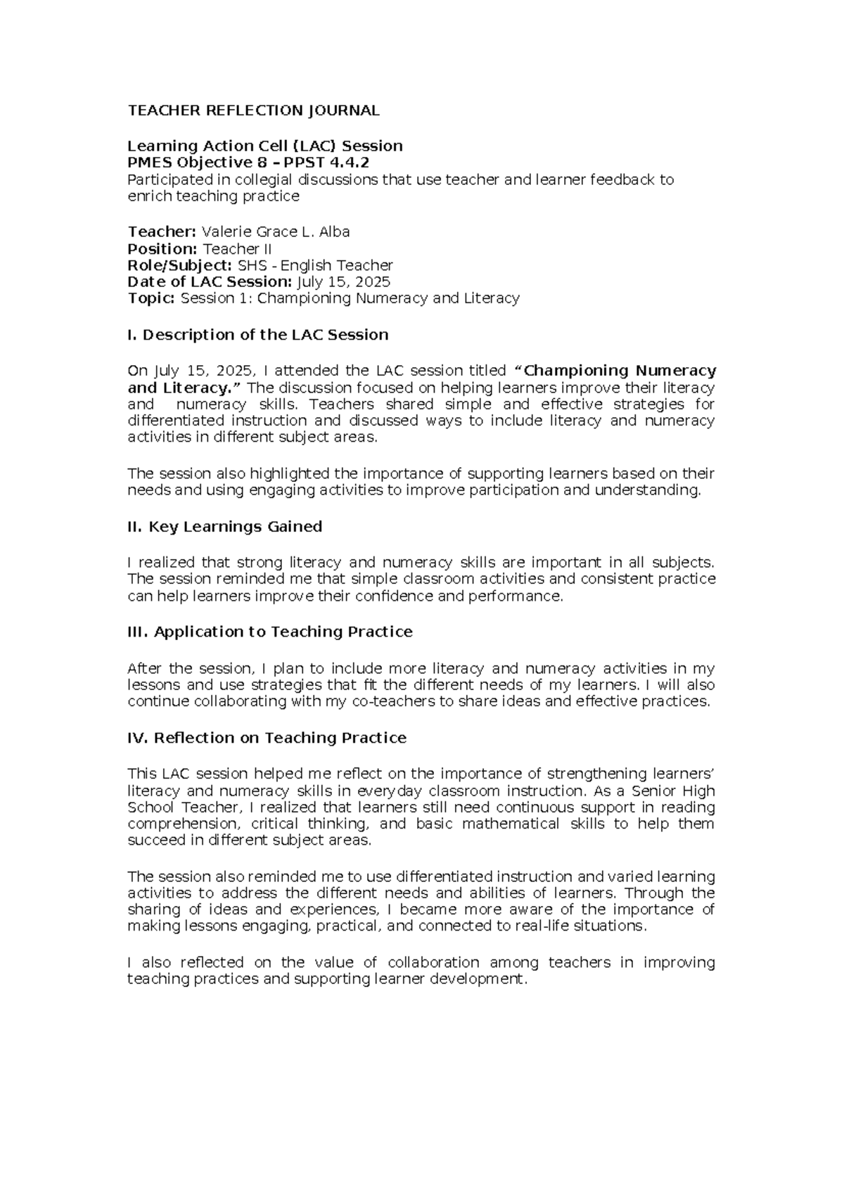 Teacher Reflection Journal: LAC Session on Literacy & Numeracy Skills ...