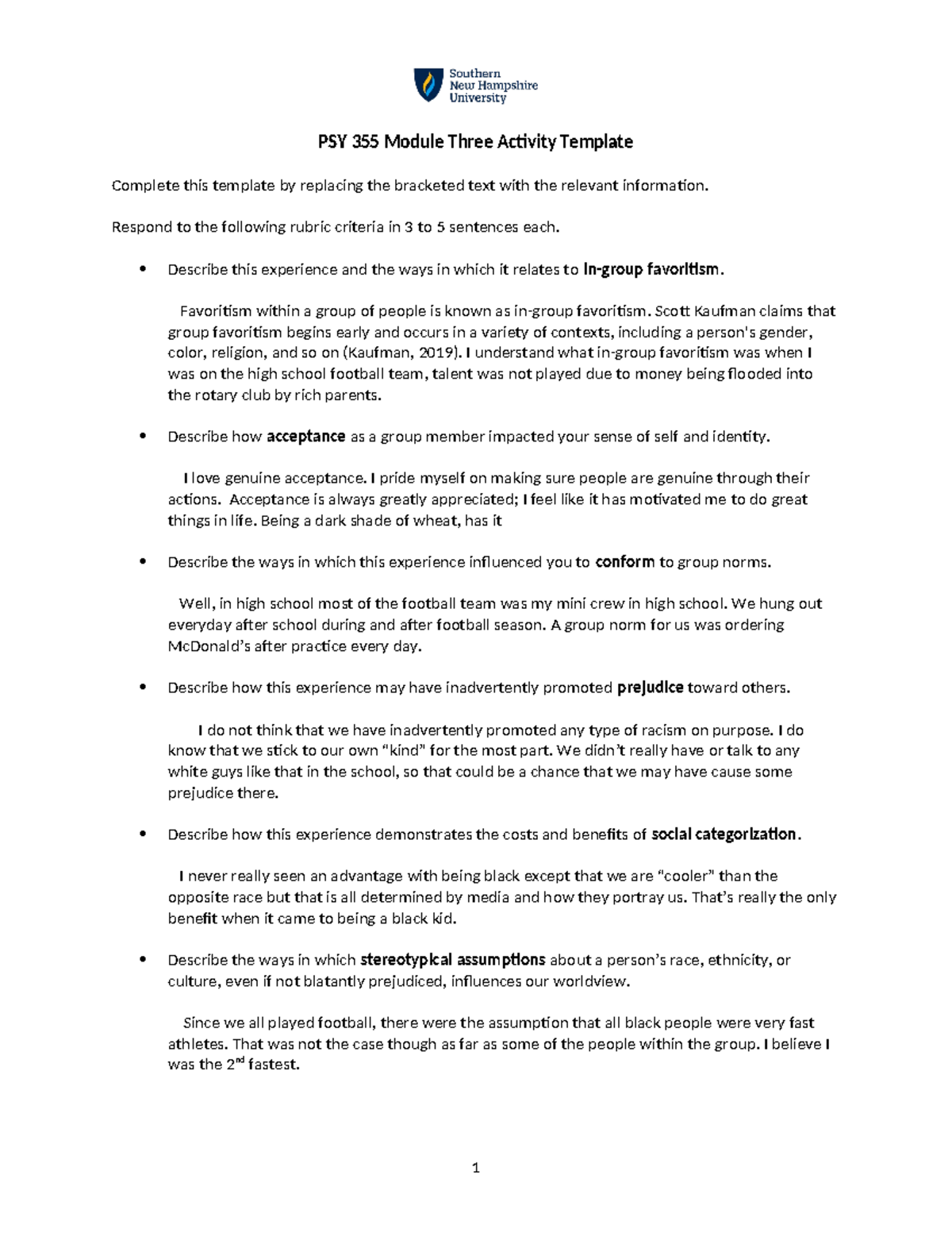 PSY 355 Module Three Activity Template completed - Respond to the ...