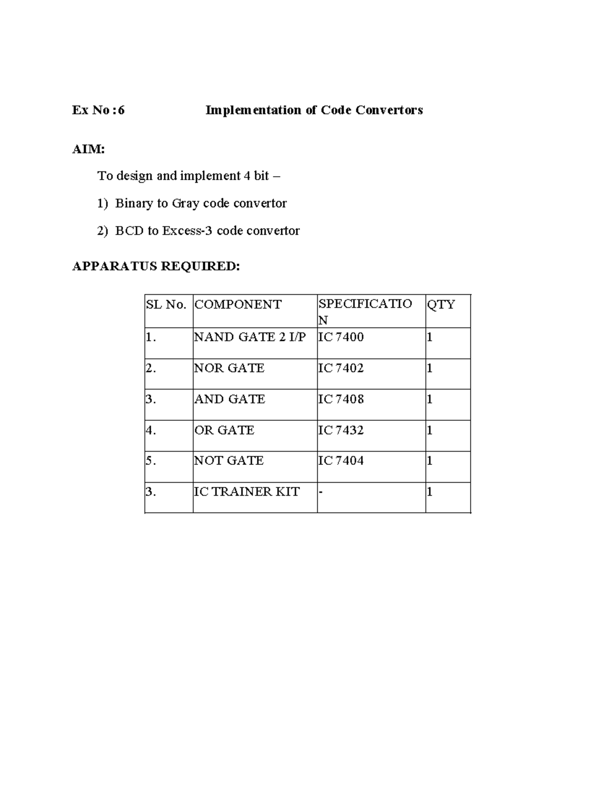 Exp6 - Lab Experiment: 4-bit Code Converters Implementation - Studocu