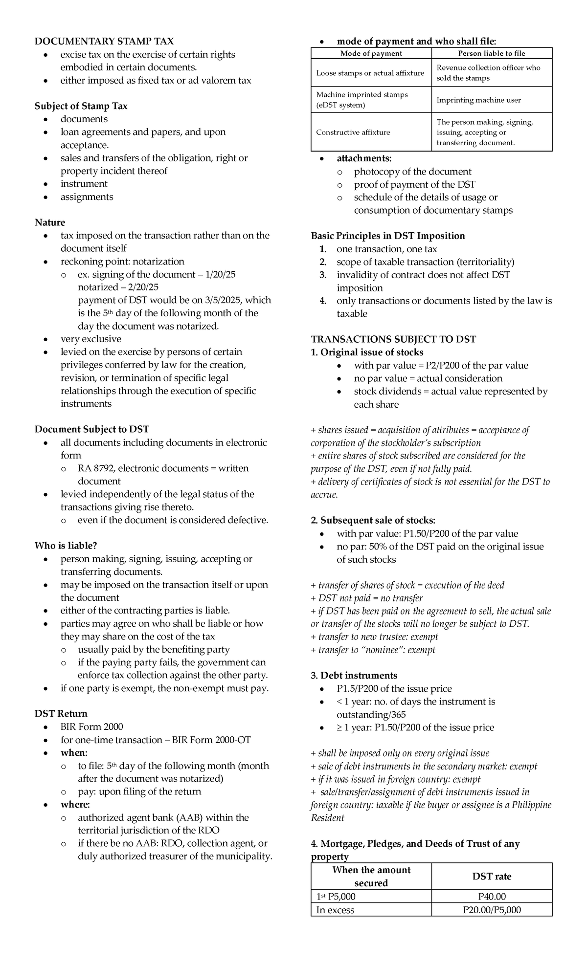 TAX 3 Documentary Stamp Tax (DST) Notes and Principles Overview - Studocu