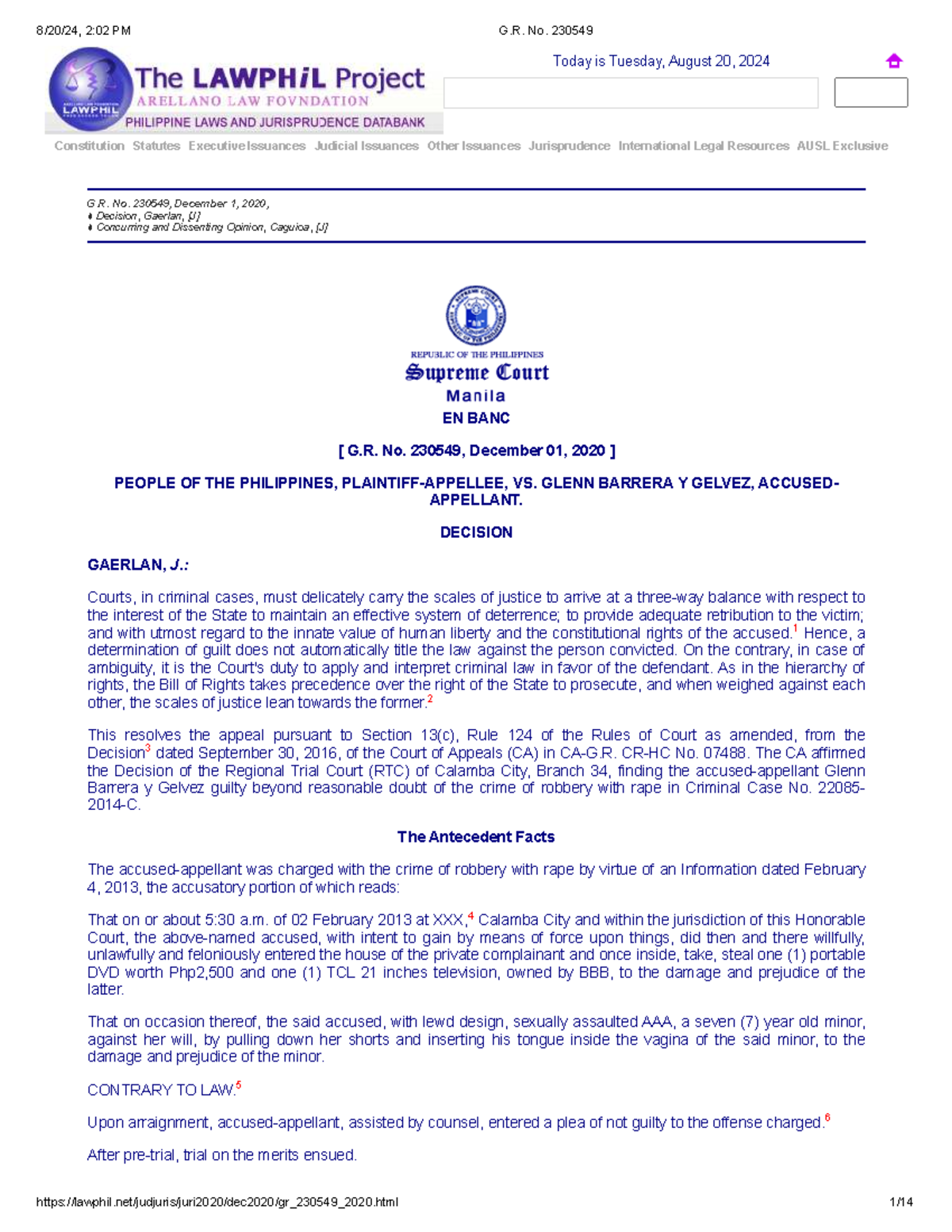 G.R. No. 230549: Decision on Robbery with Rape Case Against Glenn ...
