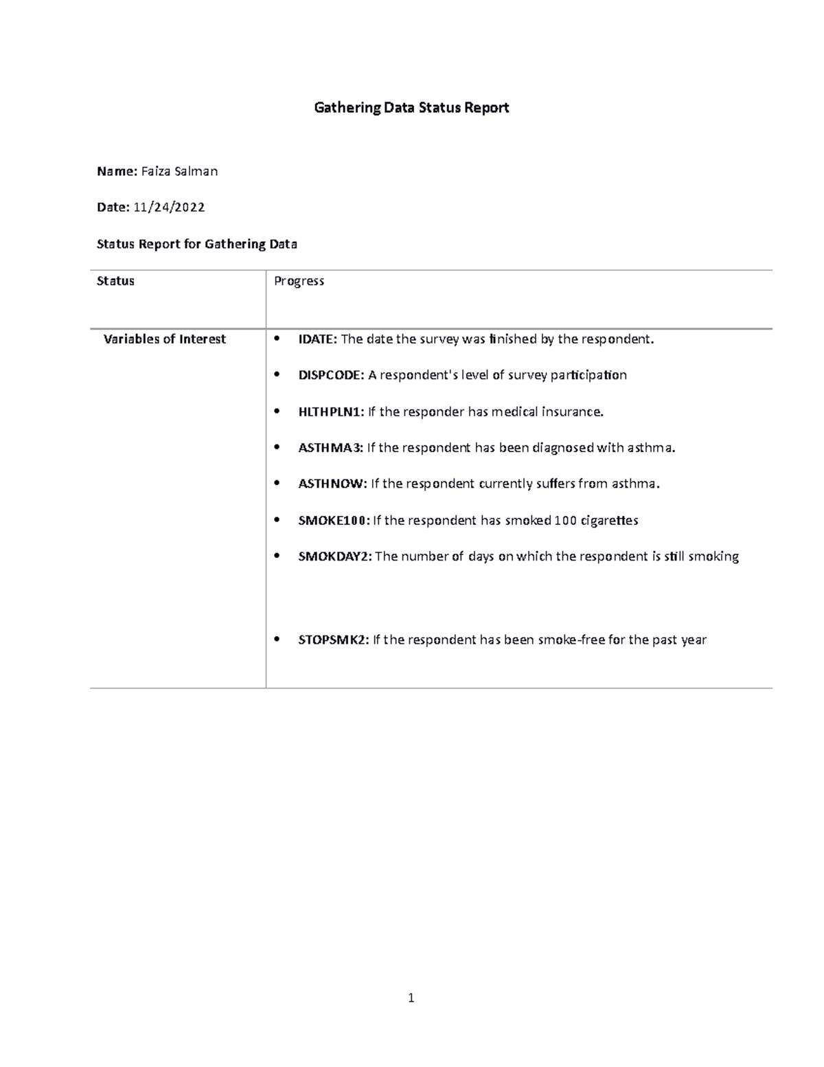 DAT 223 Gathering Data Assignment Status Progress Report - Studocu