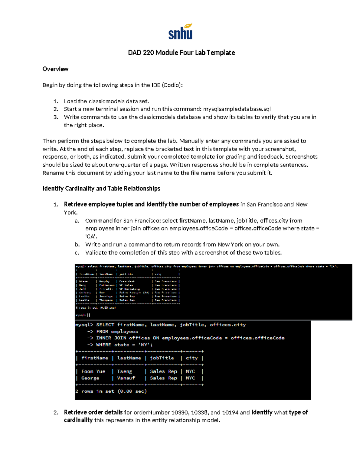 DAD 220 Module 4 Lab: Working with Database Cardinality and ...