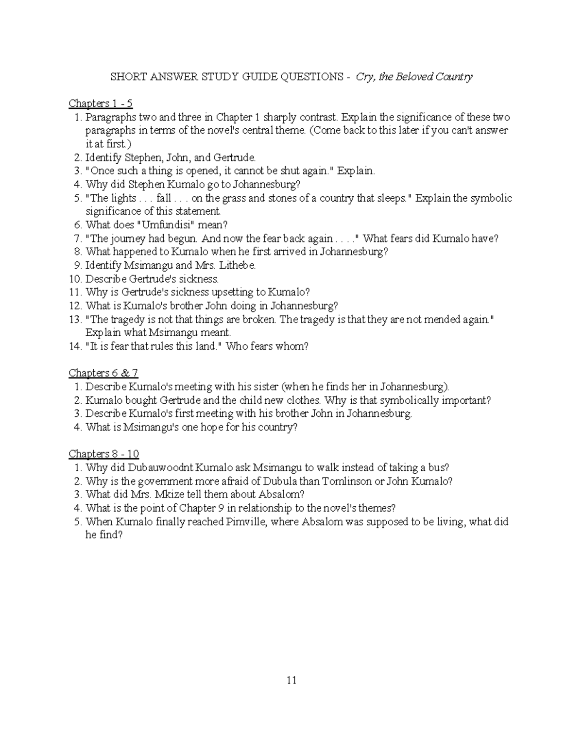 Cry, the Beloved Country - Grade 12 Short Answer Study Guide - Studocu