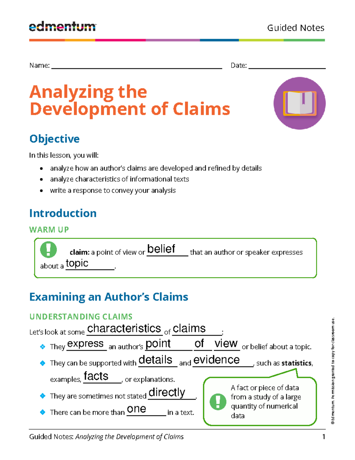 13. Guided Notes-Analyzing the Development of Claims - ©Edmentum ...