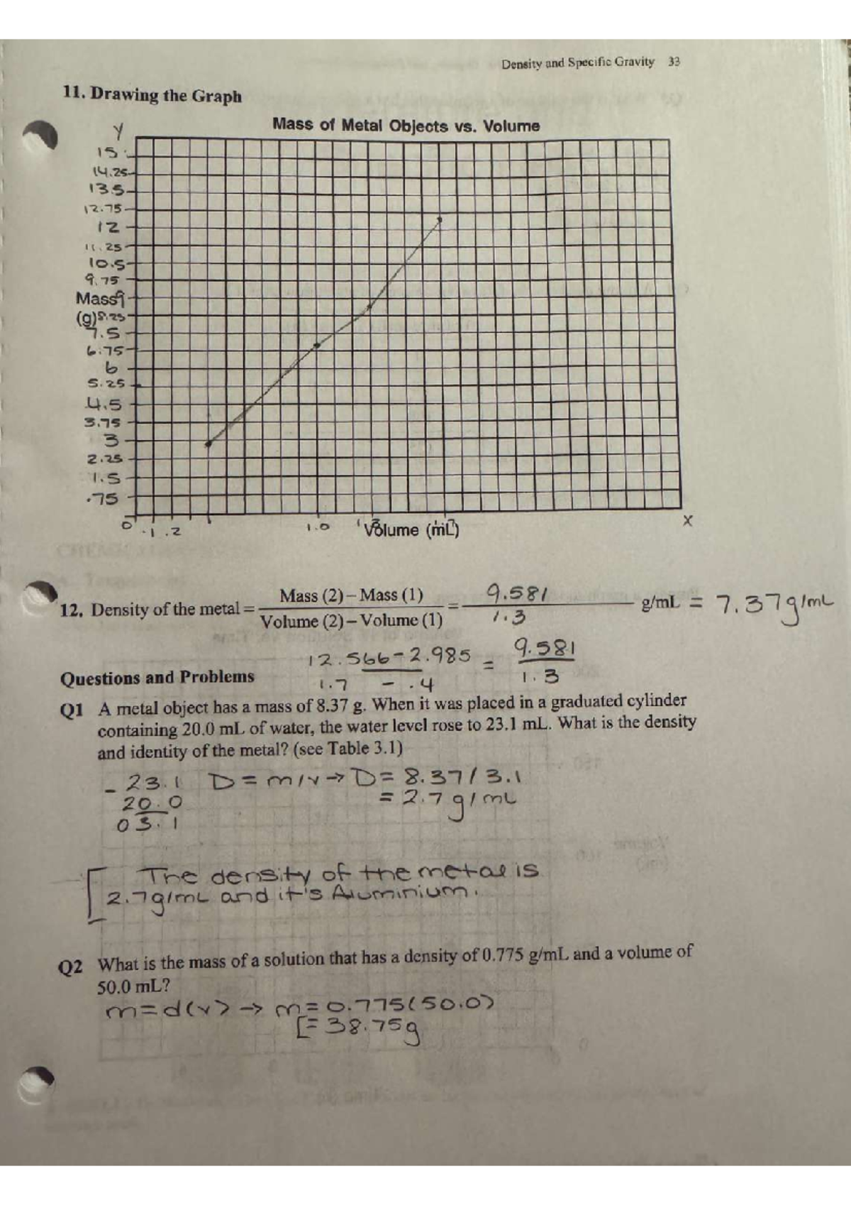 Density and Specific Gravity (Lab 3) - Graphs and Calculations - Studocu