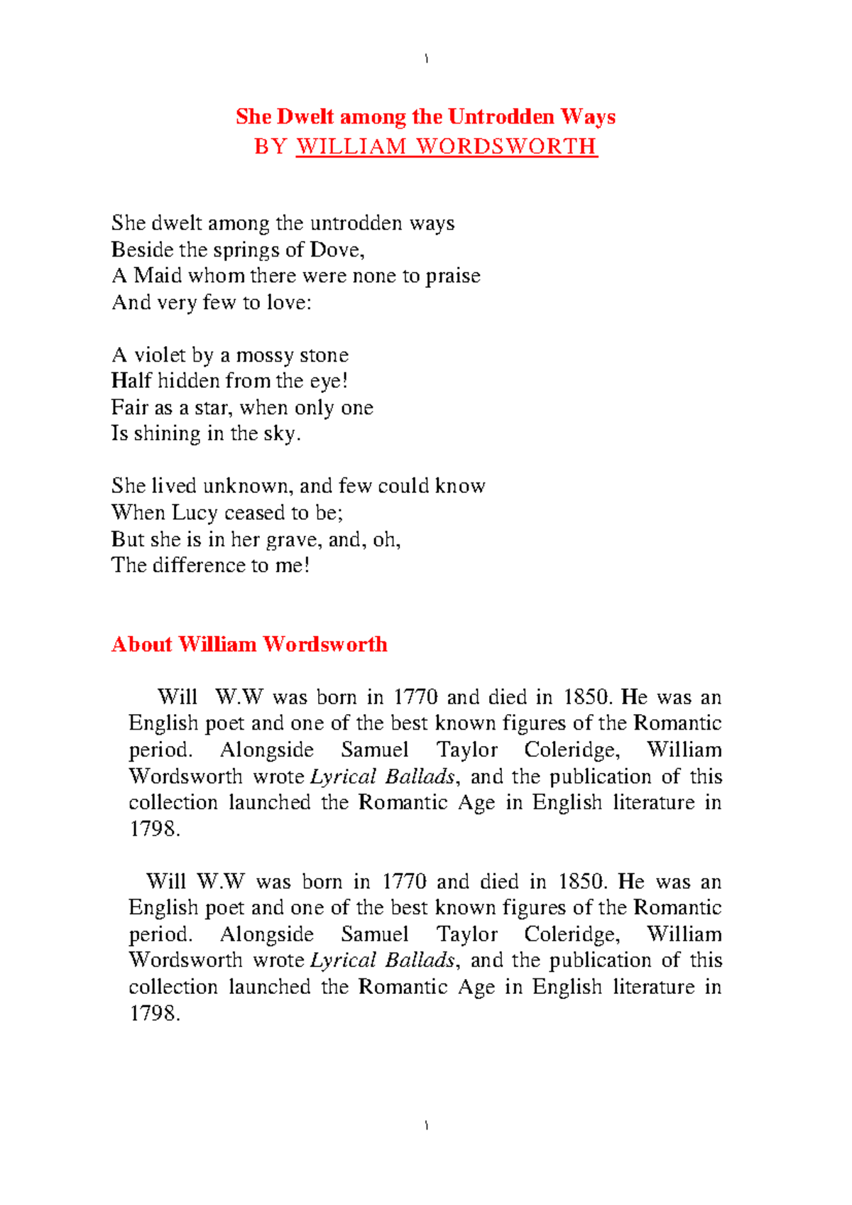 Analysis of William Wordsworth's Poem "She Dwelt among the Untrodden ...