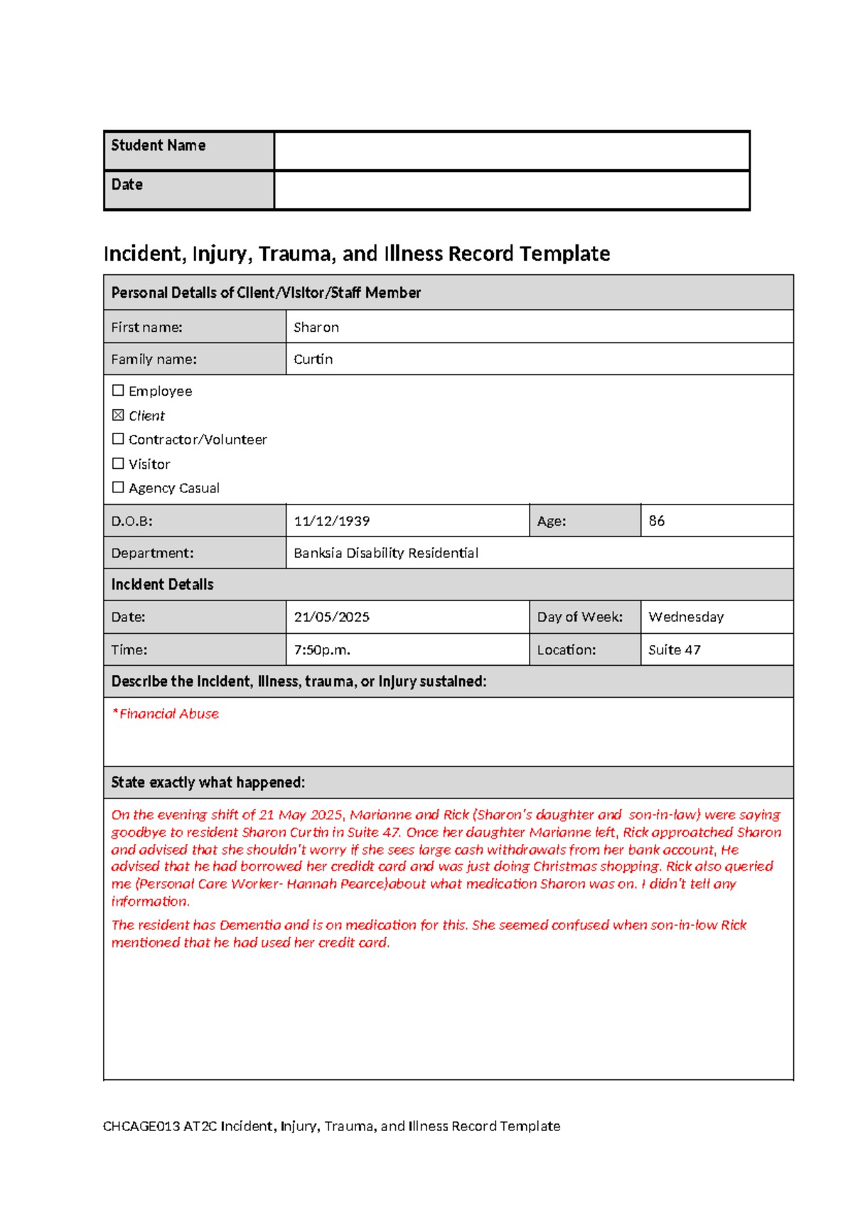 Incident Report Template - CHCAGE013: Injury, Trauma, and Illness ...