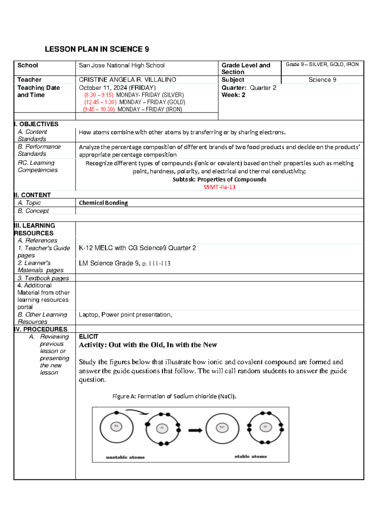 Chemical Bonding Lesson Plan - Science 9 (Grade 9) - Studocu