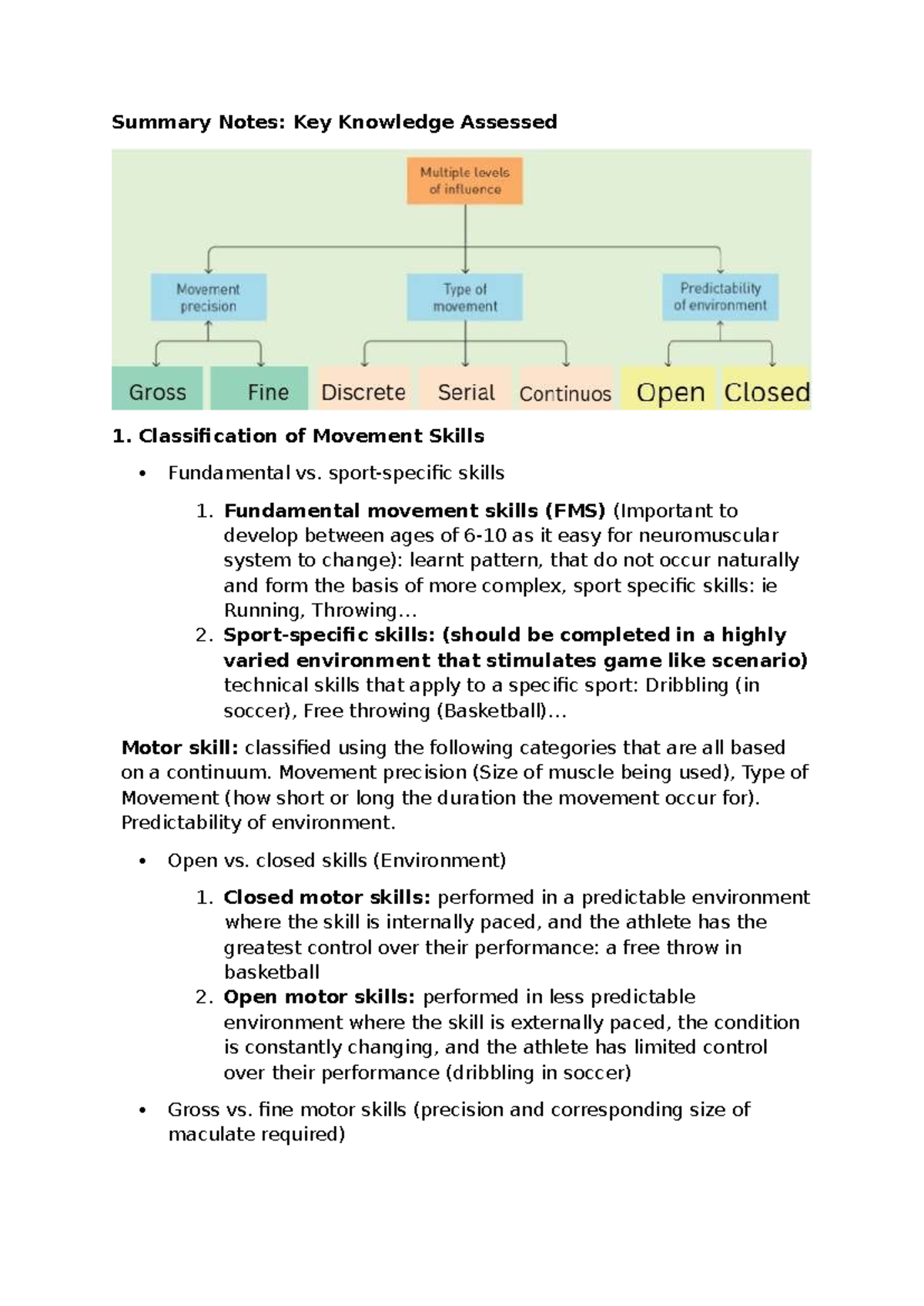 Movement Skills Classification and Development Summary Notes - Studocu