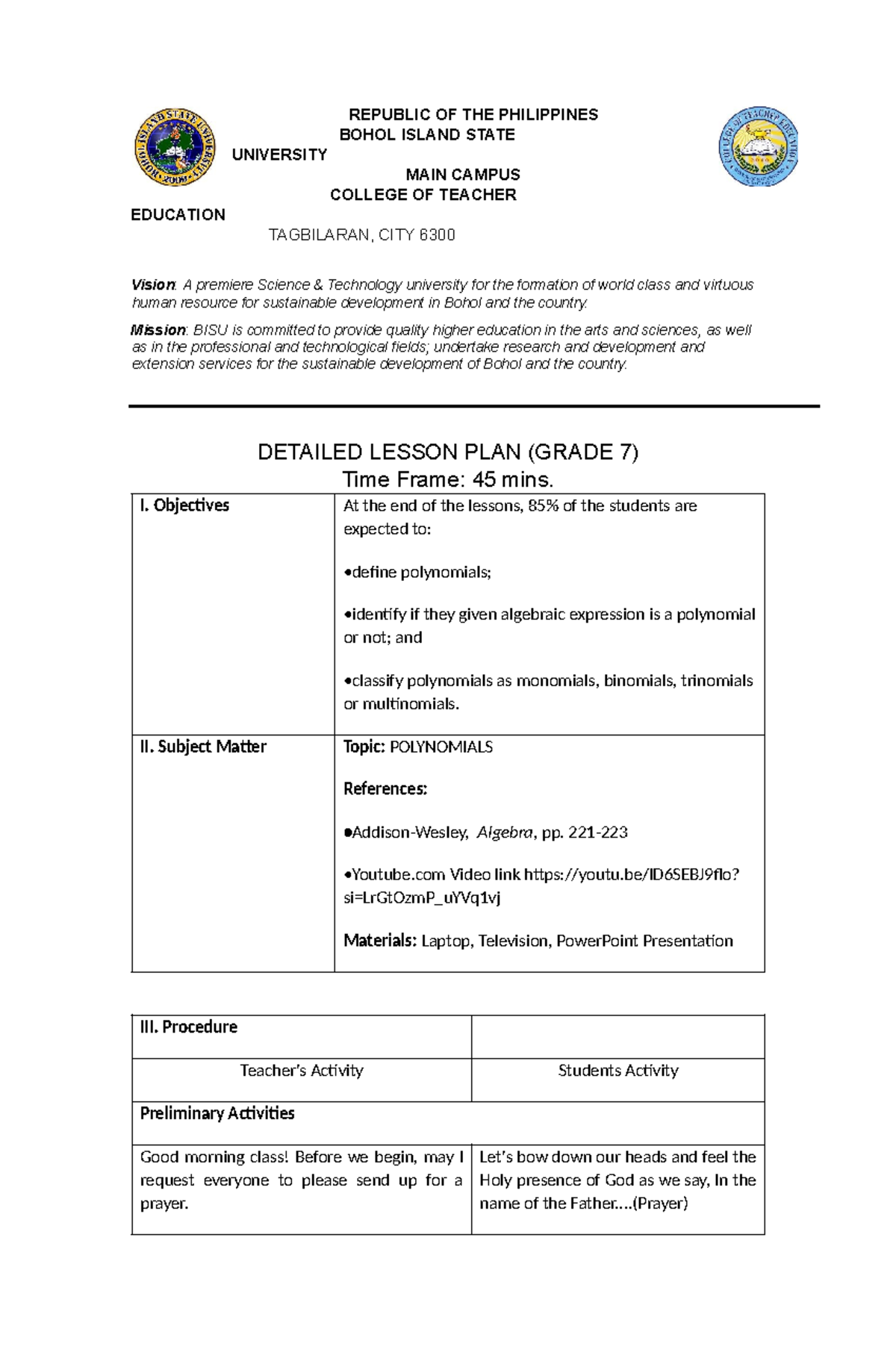 Detailed Lesson Plan on Polynomials (Grade 7) - Studocu