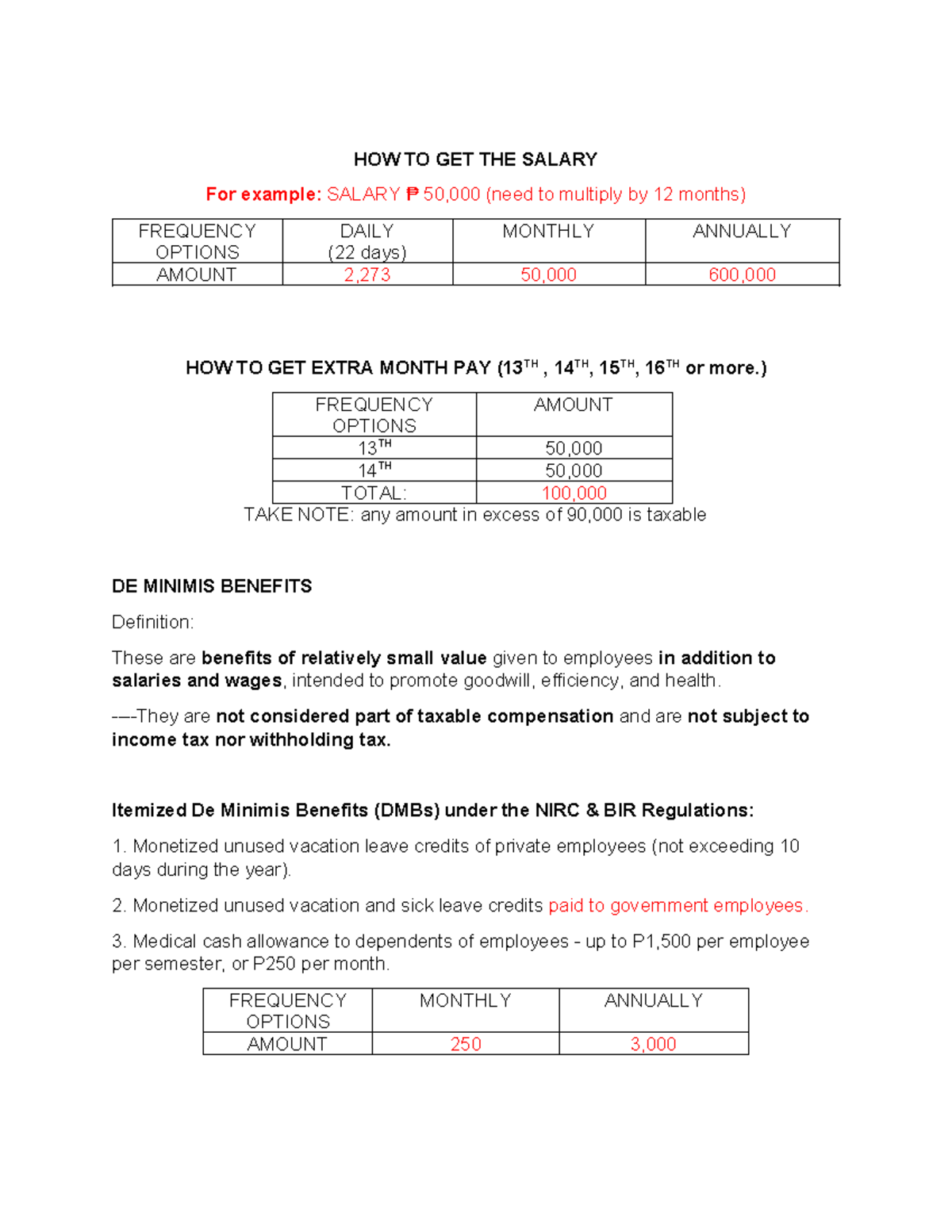 Tax Reviewer: Salary Calculation & De Minimis Benefits Guide - Studocu