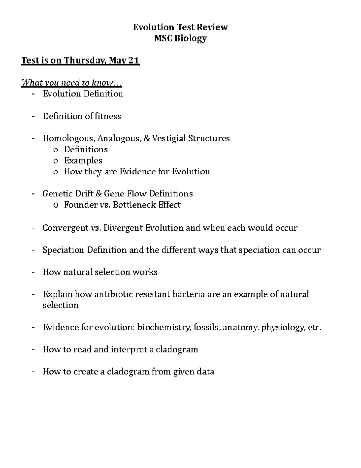 MSC Biology Evolution Test Review - Studocu